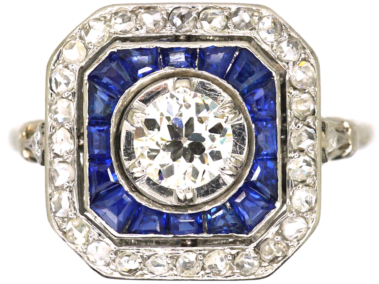 Art Deco Platinum, Old Mine Cut Diamond & Calibre Cut Sapphire Ring ...
