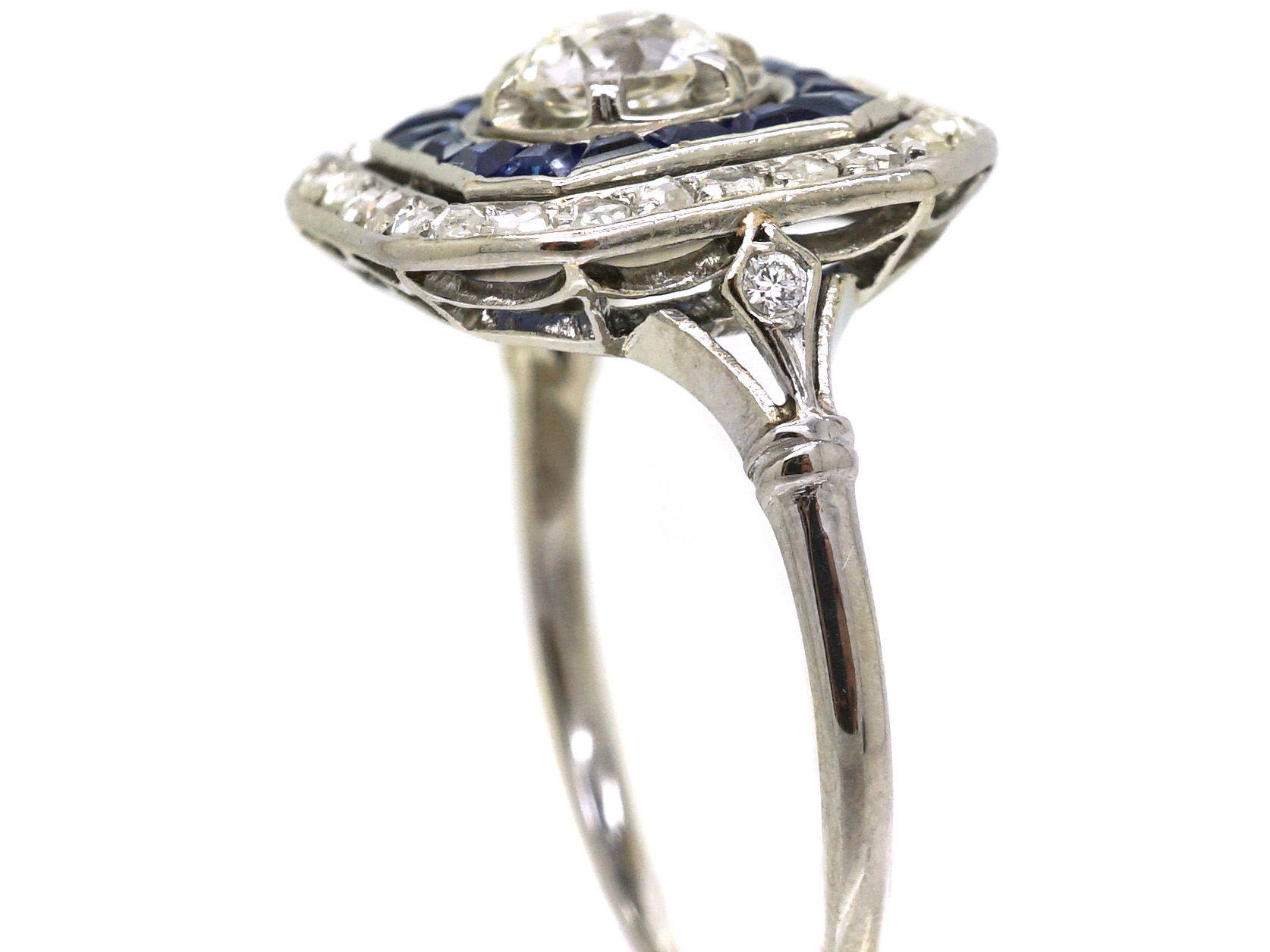 Art Deco Platinum, Old Mine Cut Diamond & Calibre Cut Sapphire Ring ...