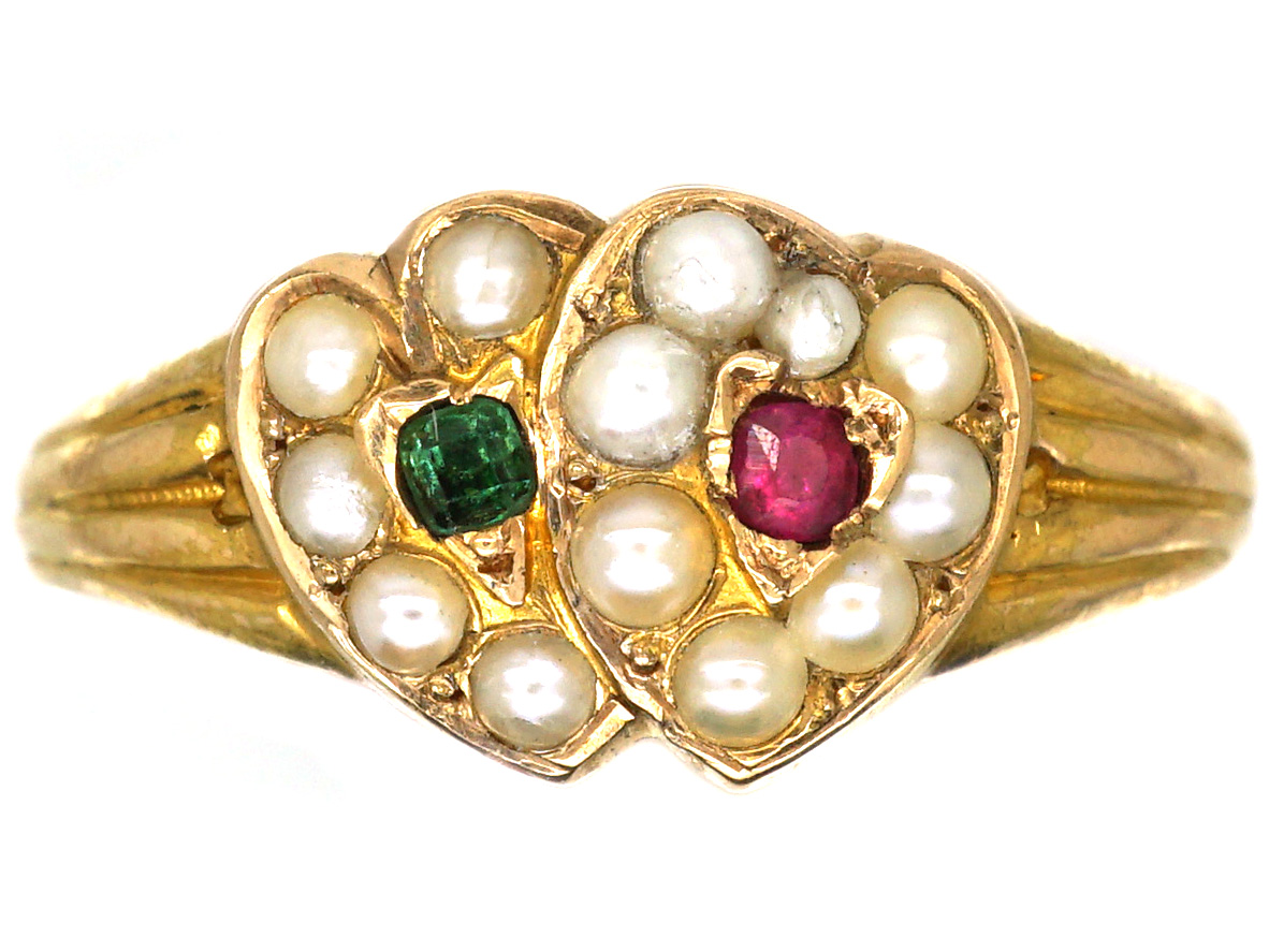 Victorian 15ct Gold Double Heart Ring set with Natural Split Pearls, an ...