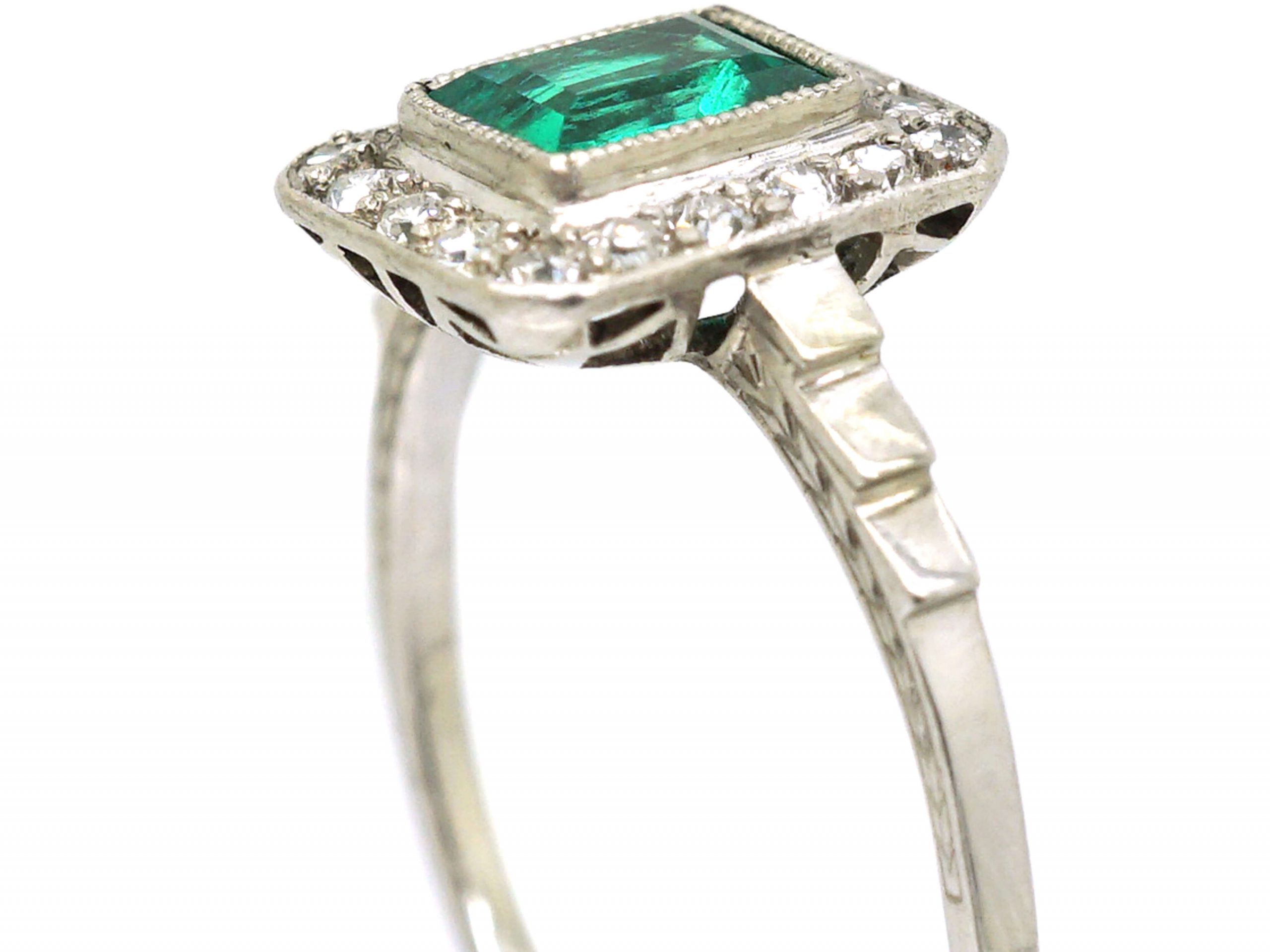 Art Deco Platinum. Emerald & Diamond Rectangular Shaped Ring (238W ...