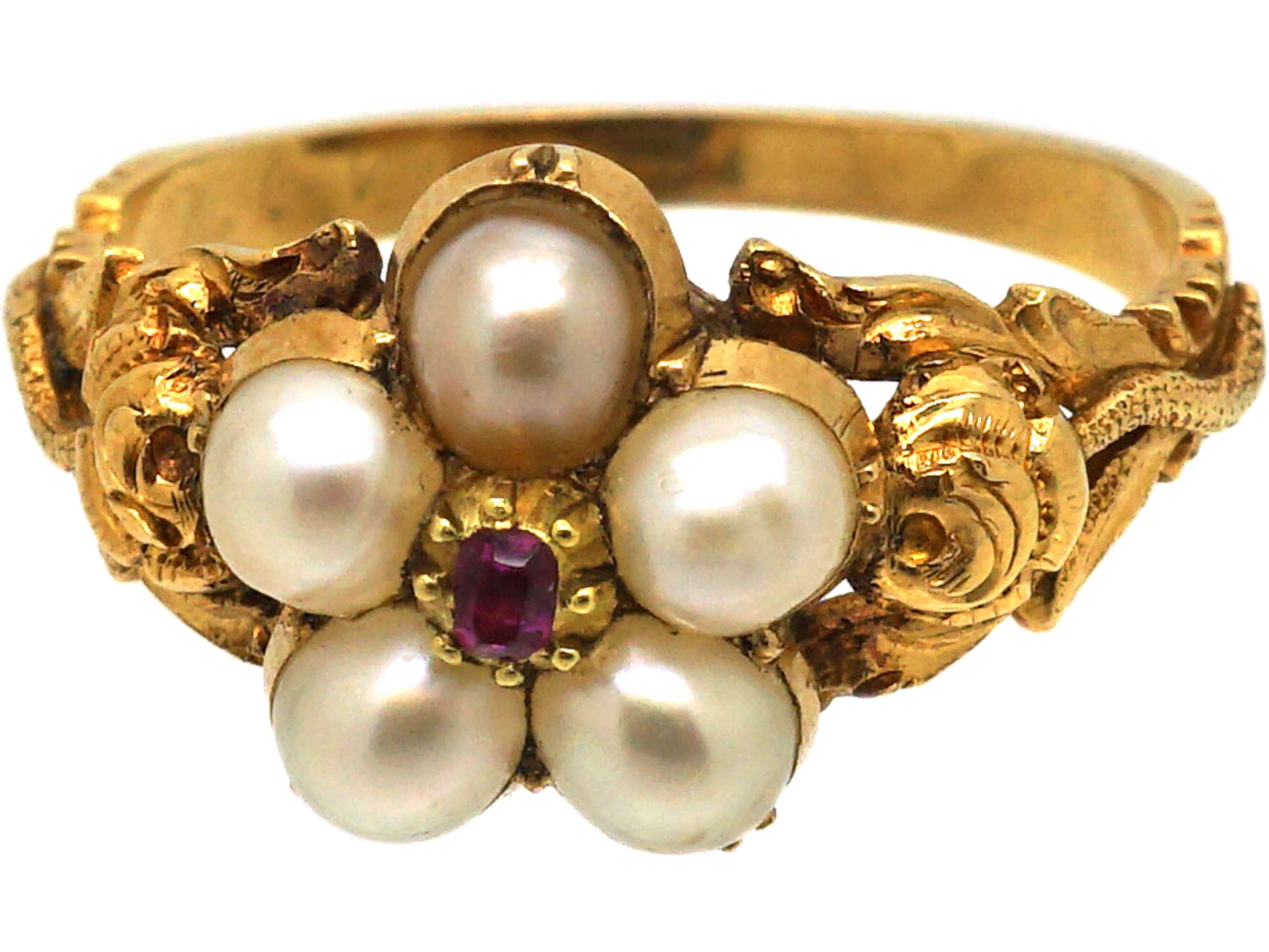 Regency 15ct Gold Cluster Ring set with Natural Split Pearls & a Ruby ...