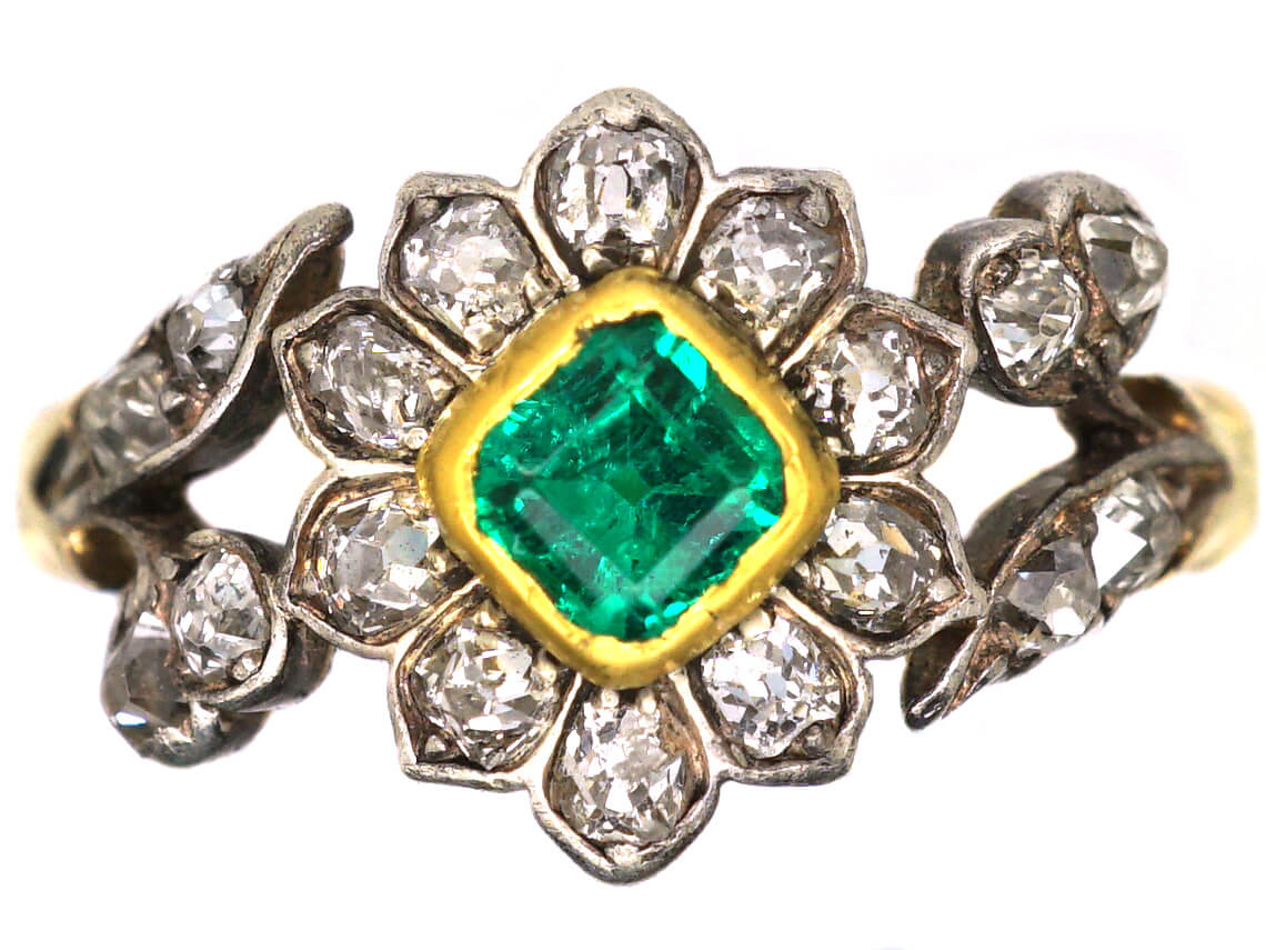 Georgian 18ct Gold & Silver Flower Ring set with an Emerald & Diamonds ...