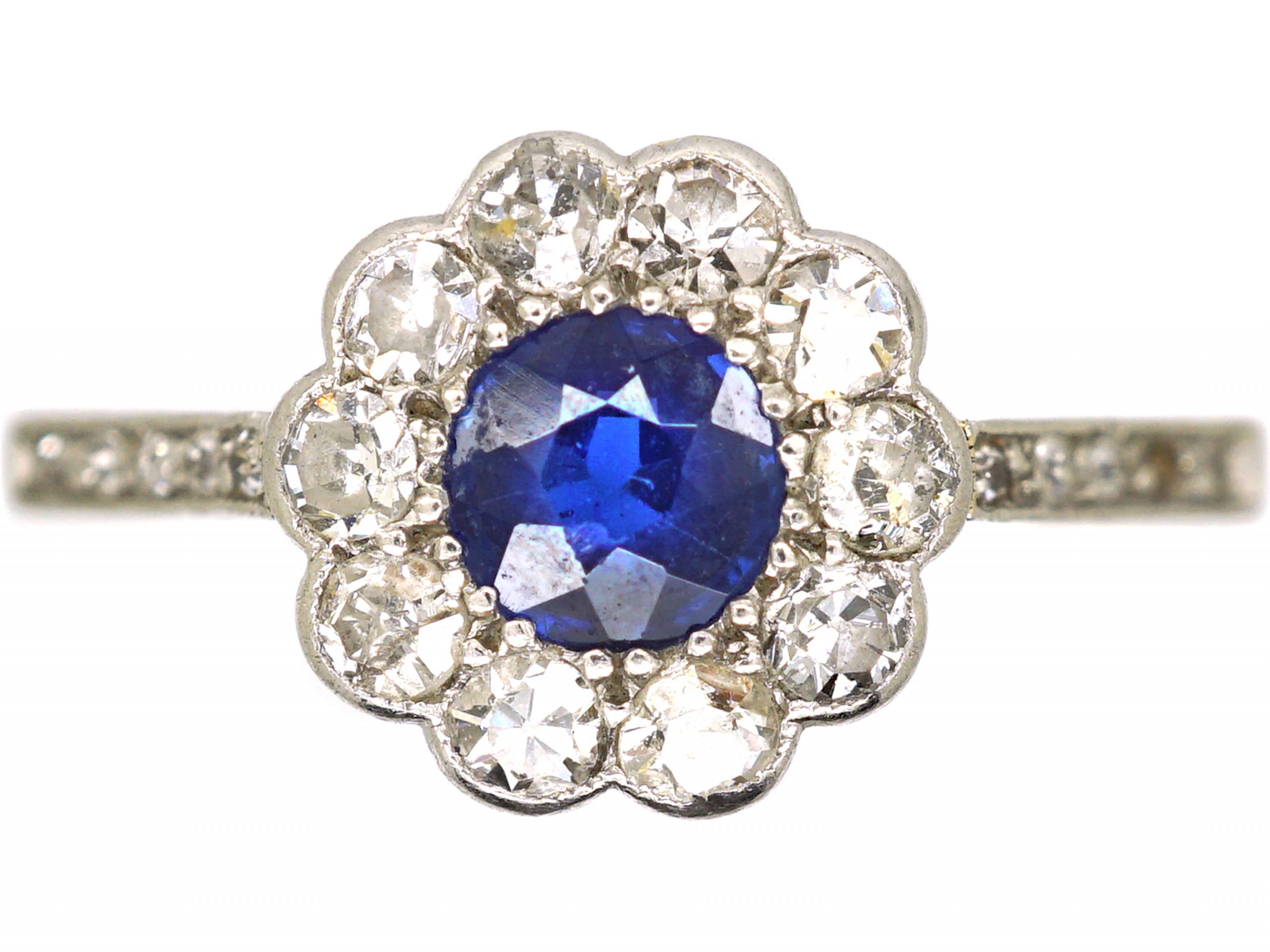 Edwardian 18ct Gold & Platinum, Sapphire & Diamond Cluster Ring with ...