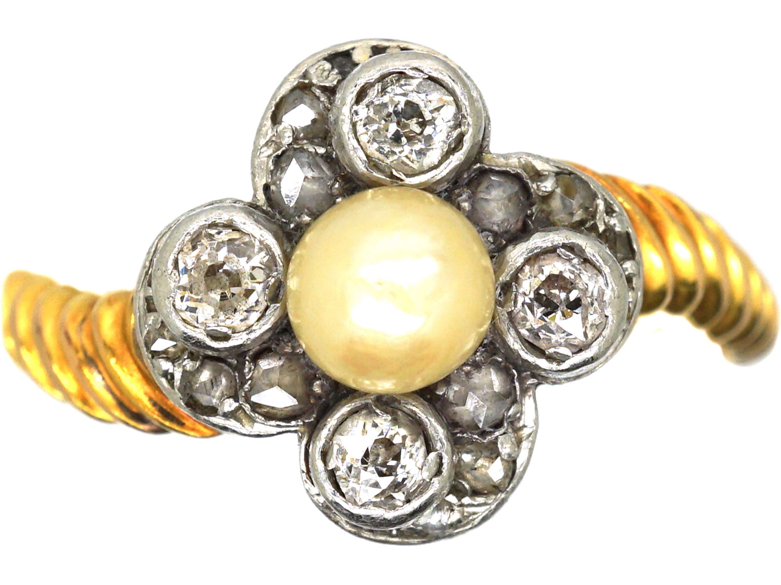 Edwardian 18ct Gold Twist Ring set with Diamonds & a Natural Pearl ...