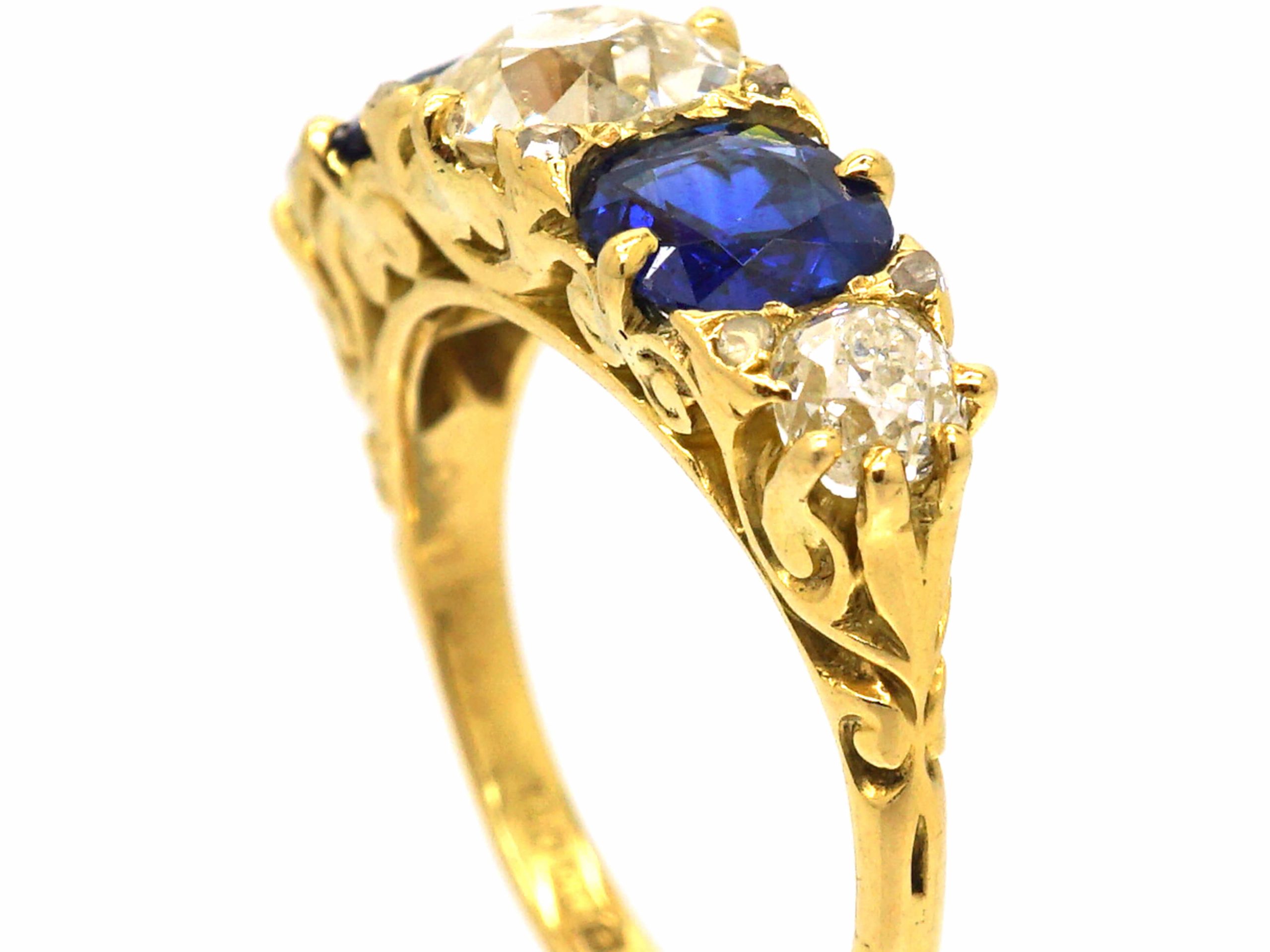 Victorian 18ct Gold Five Stone Sapphire & Diamond Carved Half Hoop Ring ...