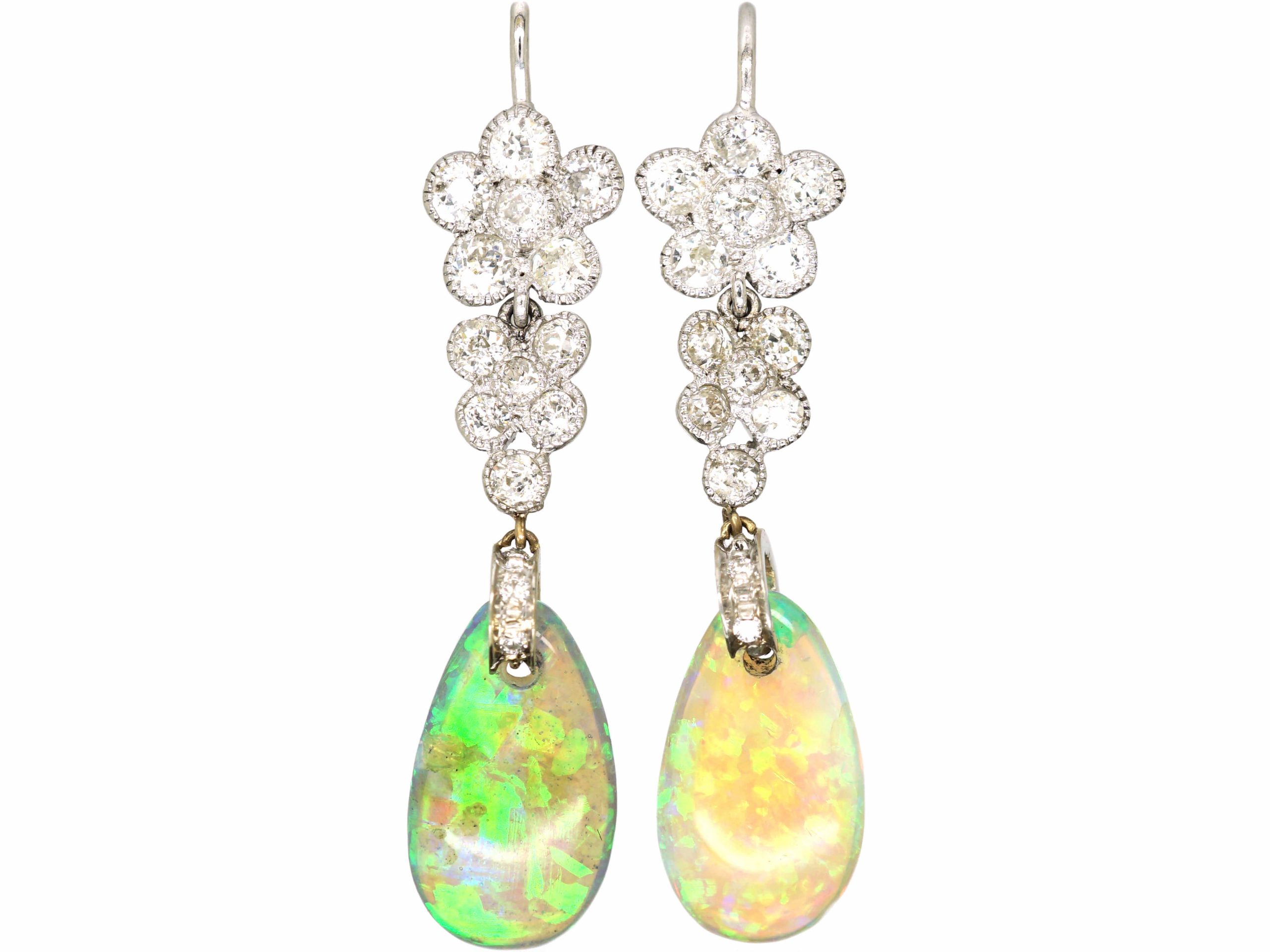 Edwardian 18ct White Gold, Opal & Diamond Drop Earrings in Original ...