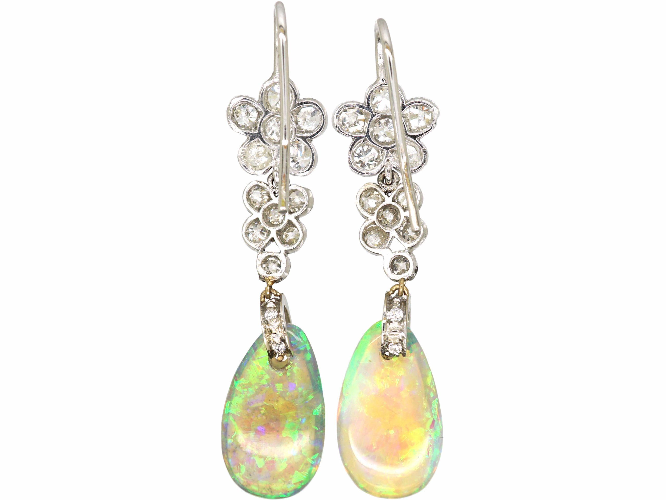 Edwardian 18ct White Gold, Opal & Diamond Drop Earrings in Original ...