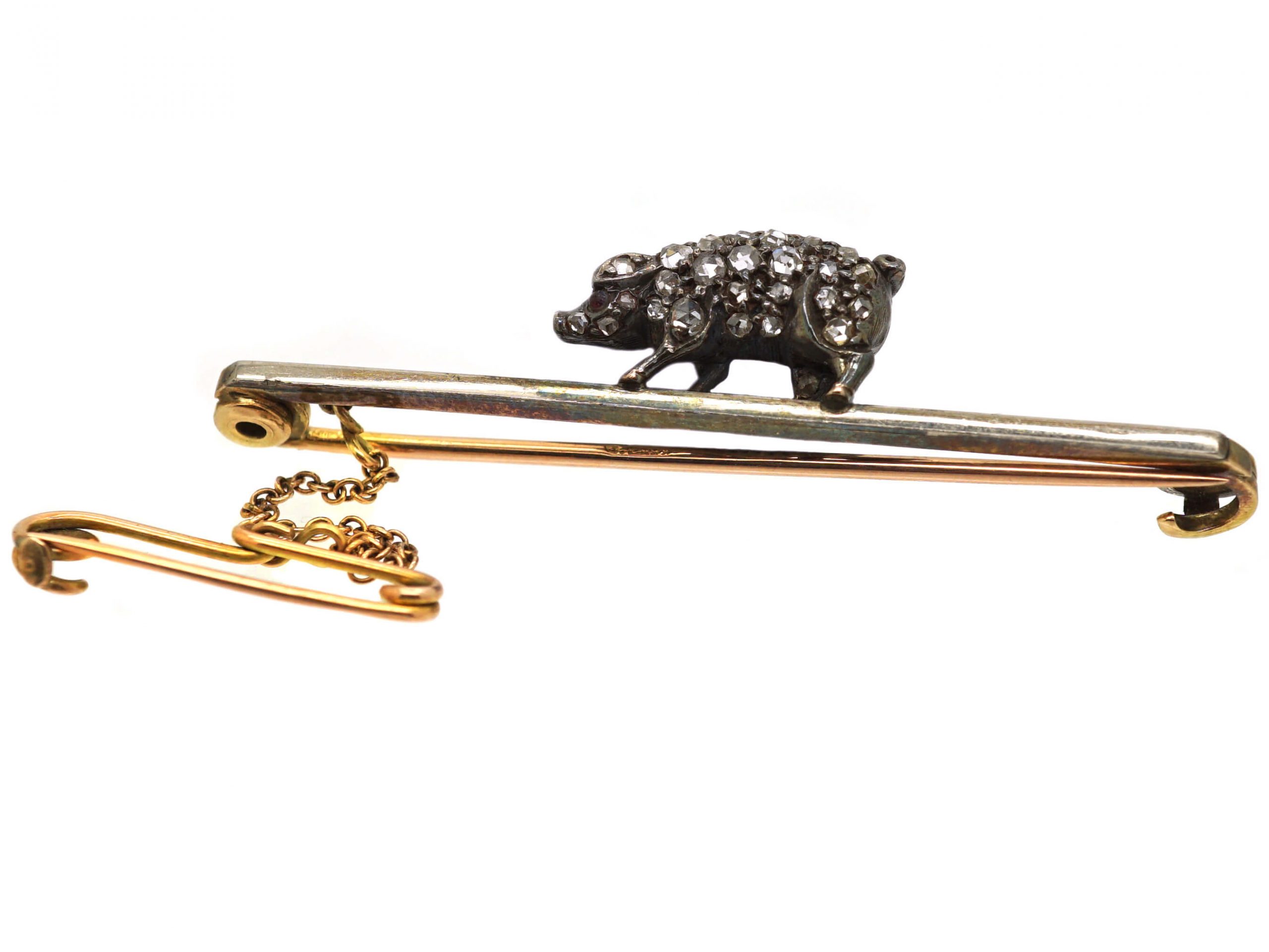 Edwardian 15ct Gold & Platinum, Piggy Brooch set with Rose Diamonds ...