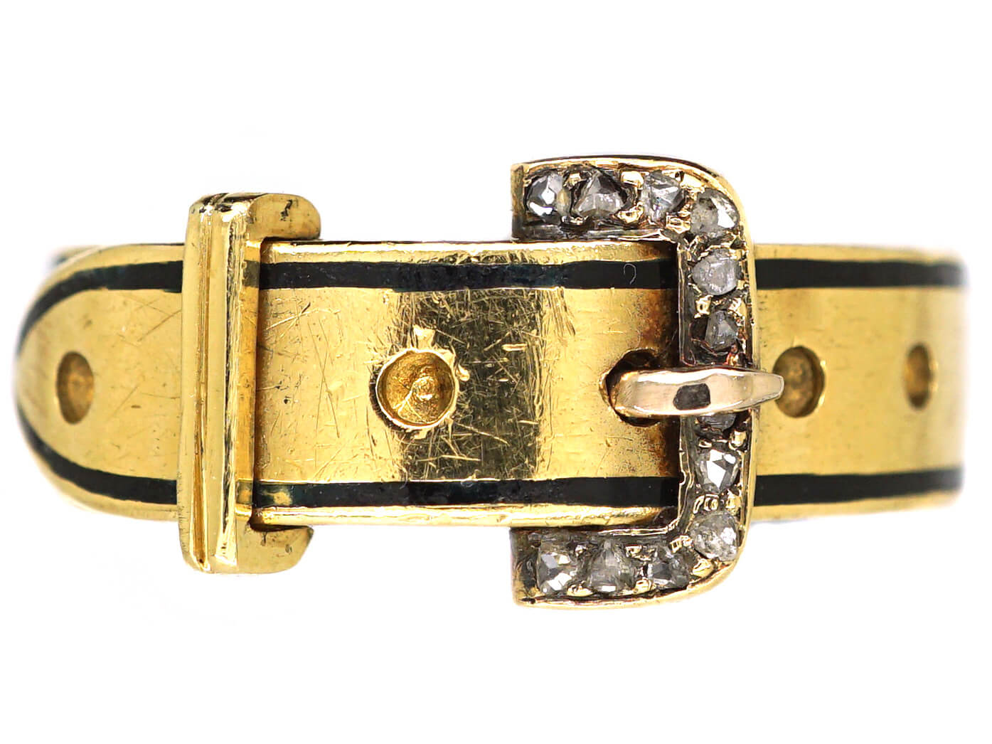Victorian 18ct Gold, Black Enamel & Rose Diamond Buckle Ring (223D ...