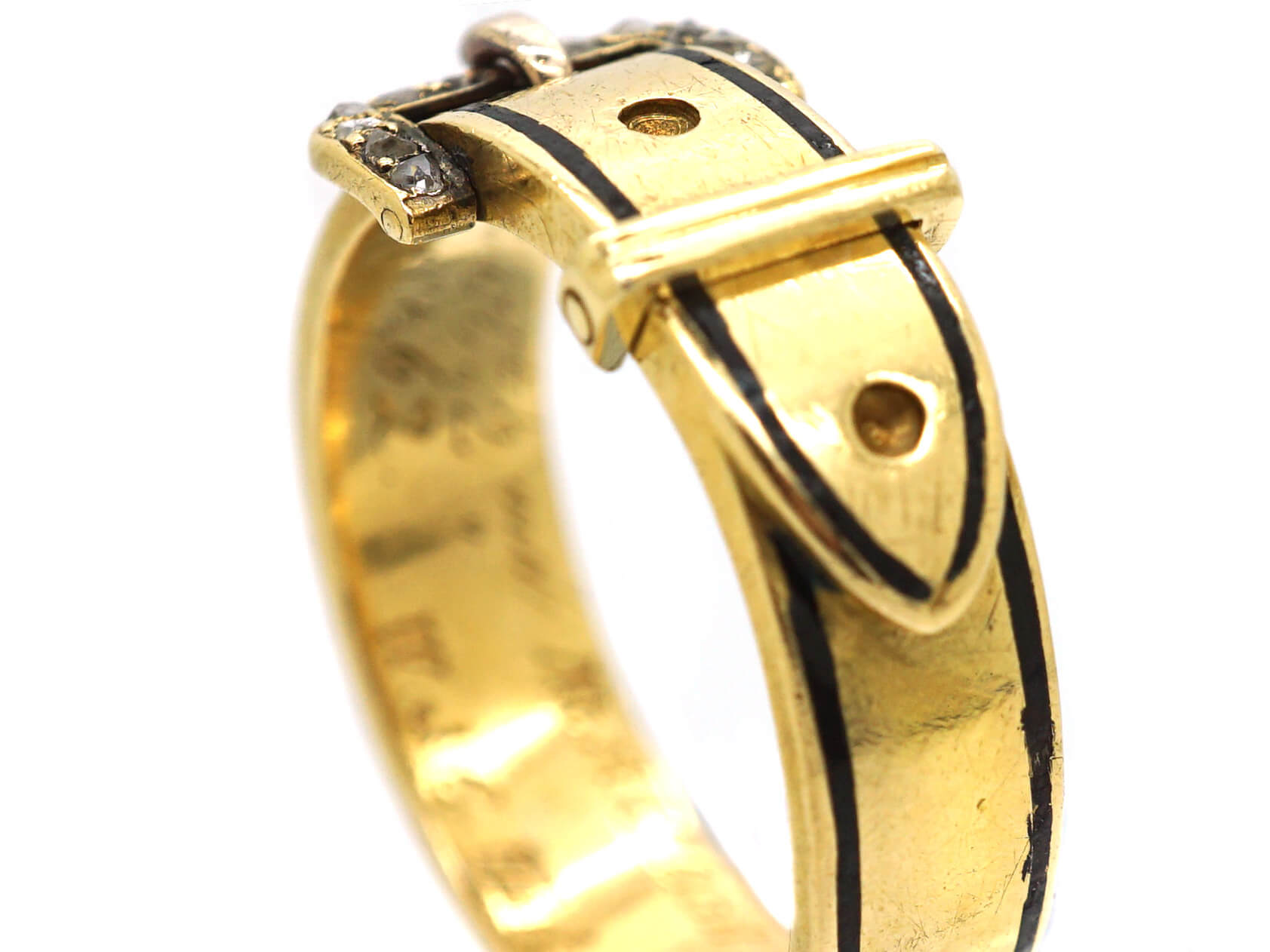 Victorian 18ct Gold Black Enamel And Rose Diamond Buckle Ring 223d