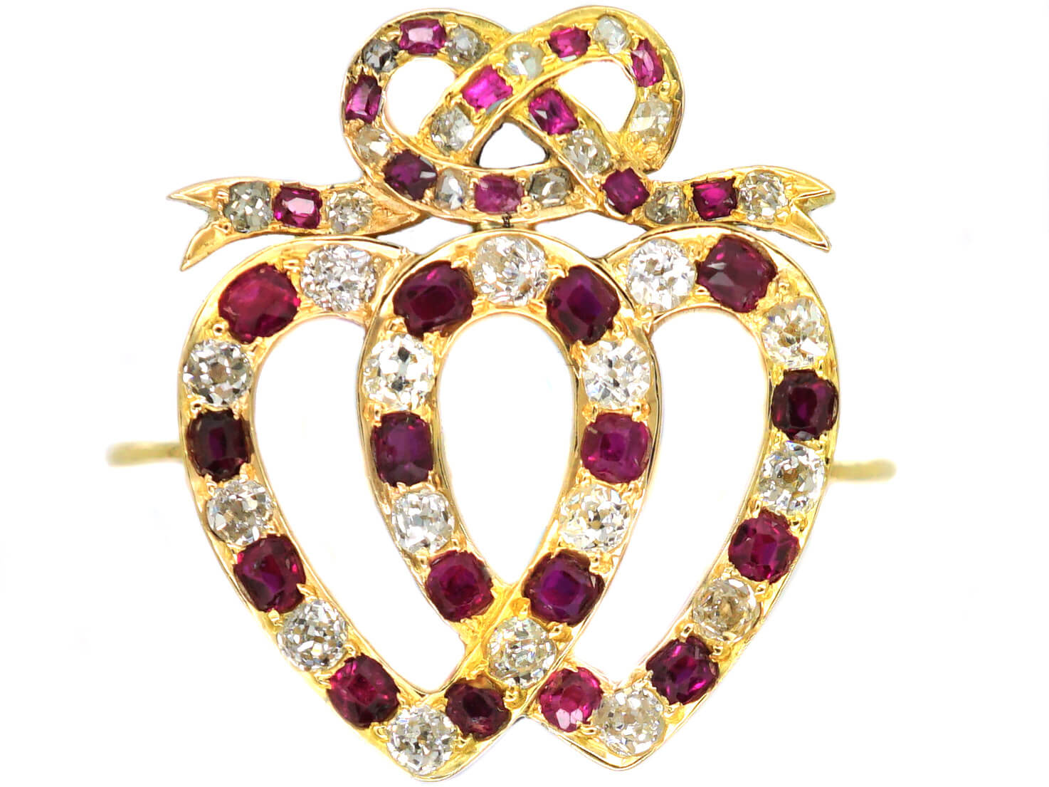 Edwardian 18ct Gold, Ruby & Diamond Double Heart Ring with Knot Above ...