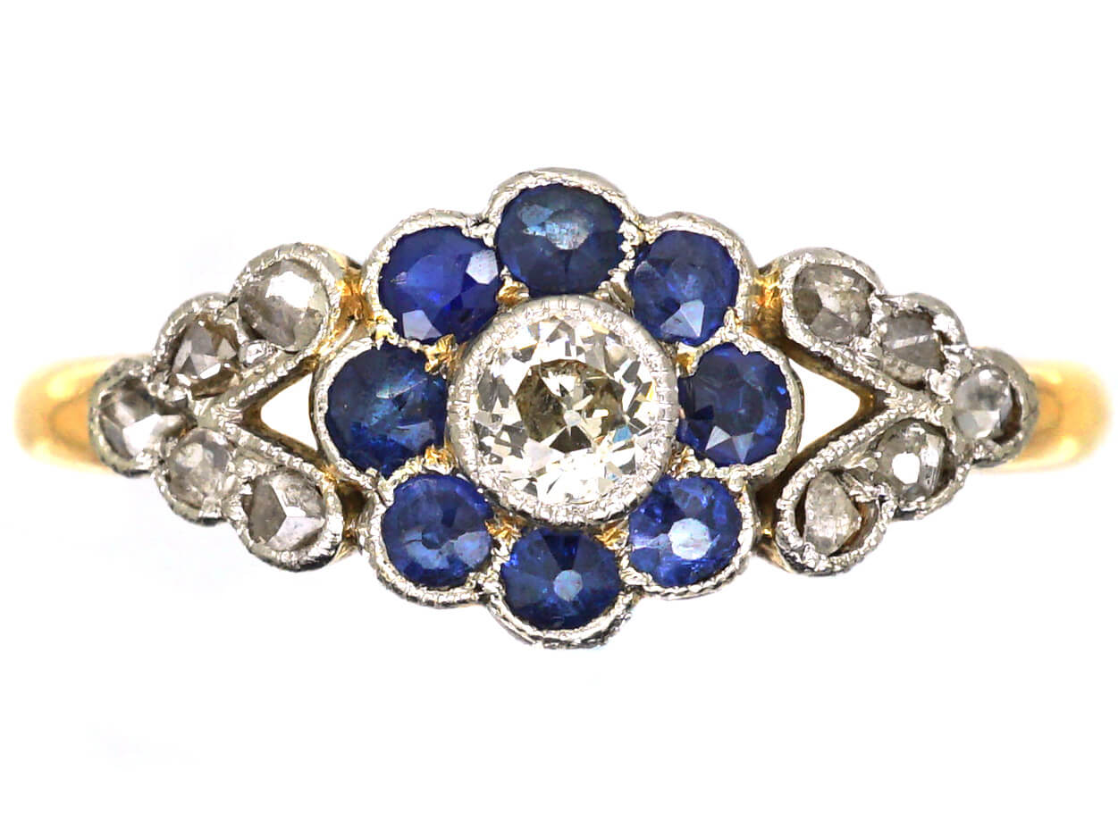 Edwardian 18ct & Platinum, Sapphire & Diamond Cluster Ring with Rose ...