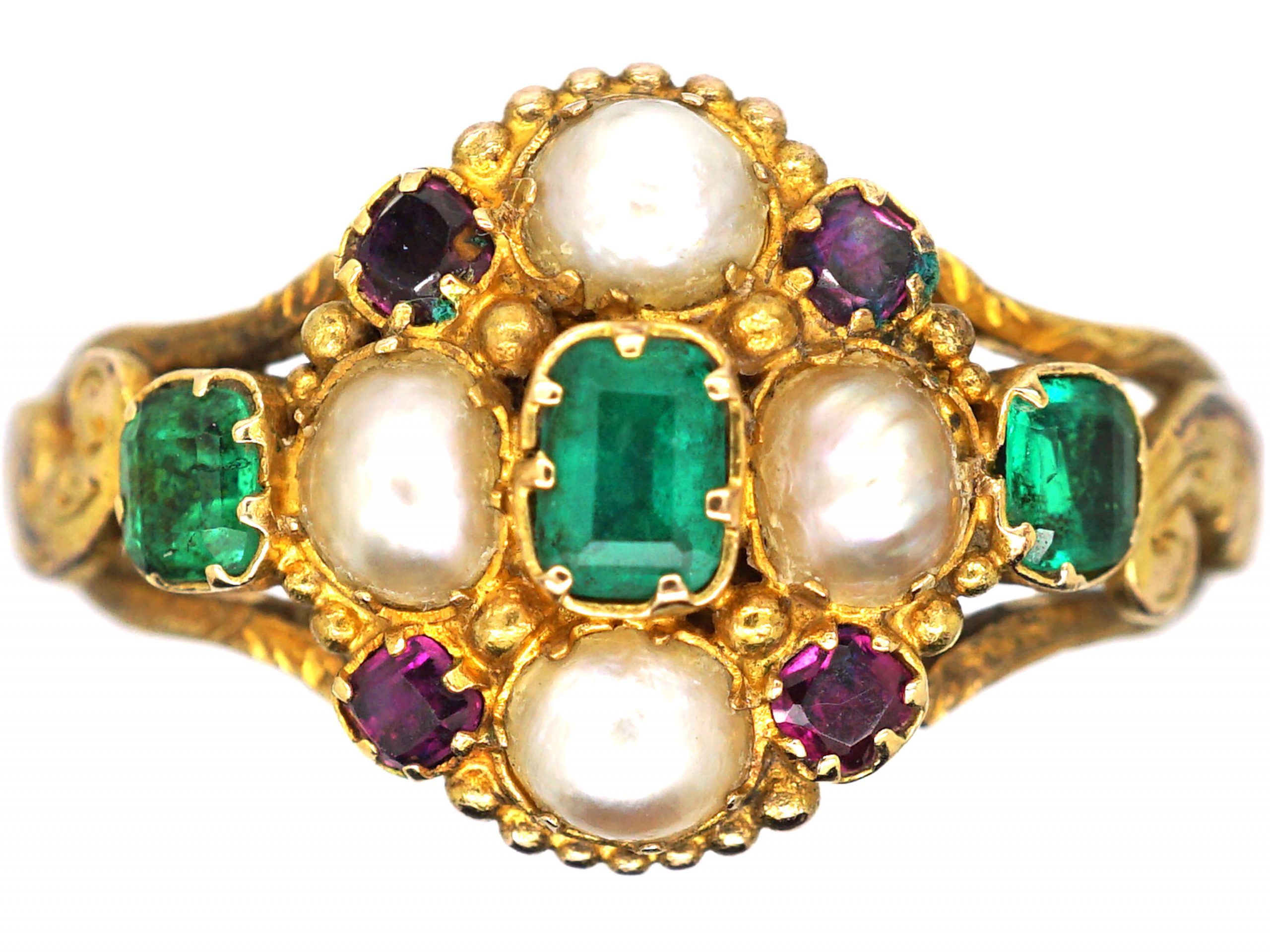 Georgian 18ct Gold, Emerald, Amethyst & Natural Split Pearl Ring with ...
