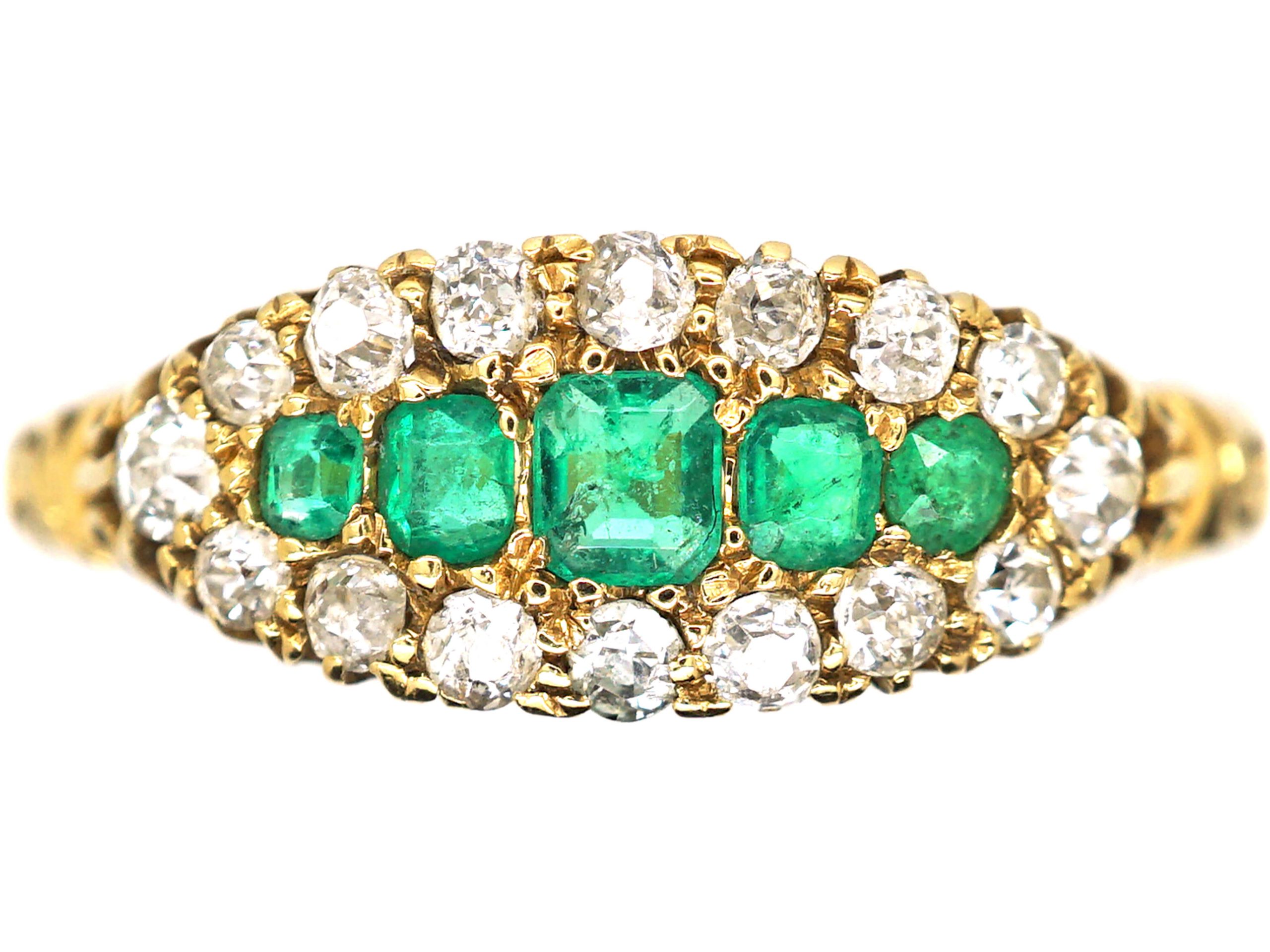 Victorian 18ct Gold, Five Stone Emerald & Diamond Boat Shaped Ring ...