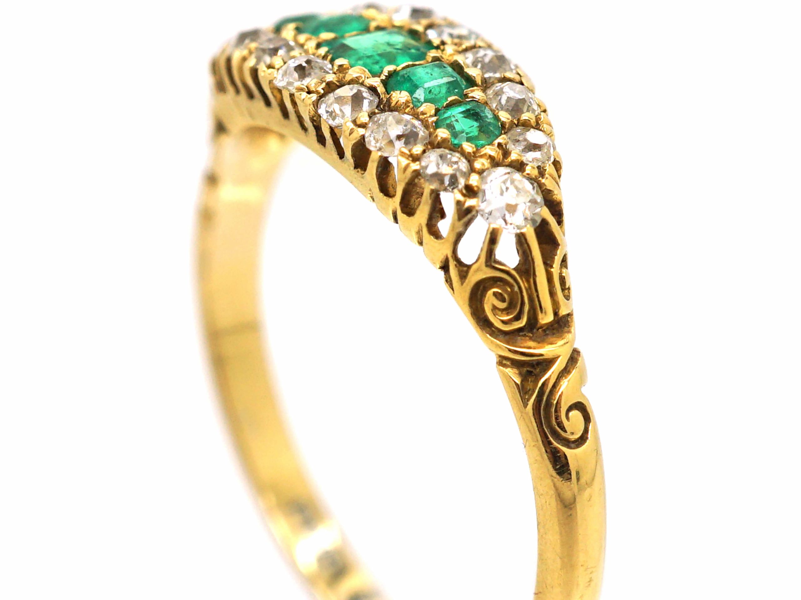 Victorian 18ct Gold, Five Stone Emerald & Diamond Boat Shaped Ring ...