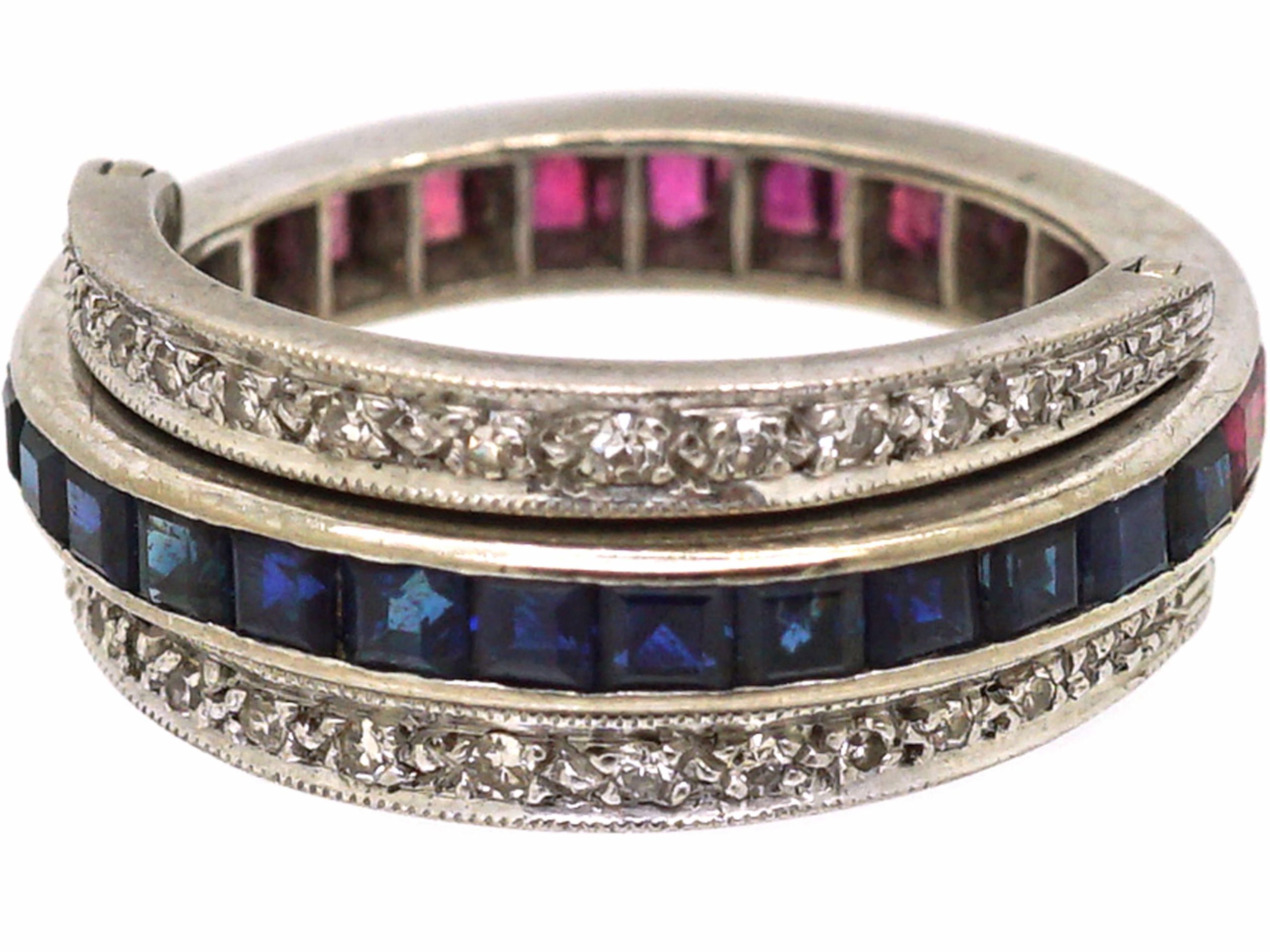 Art Deco 18ct White Gold, Sapphire, Diamond & Ruby Flip Over Ring (656U ...