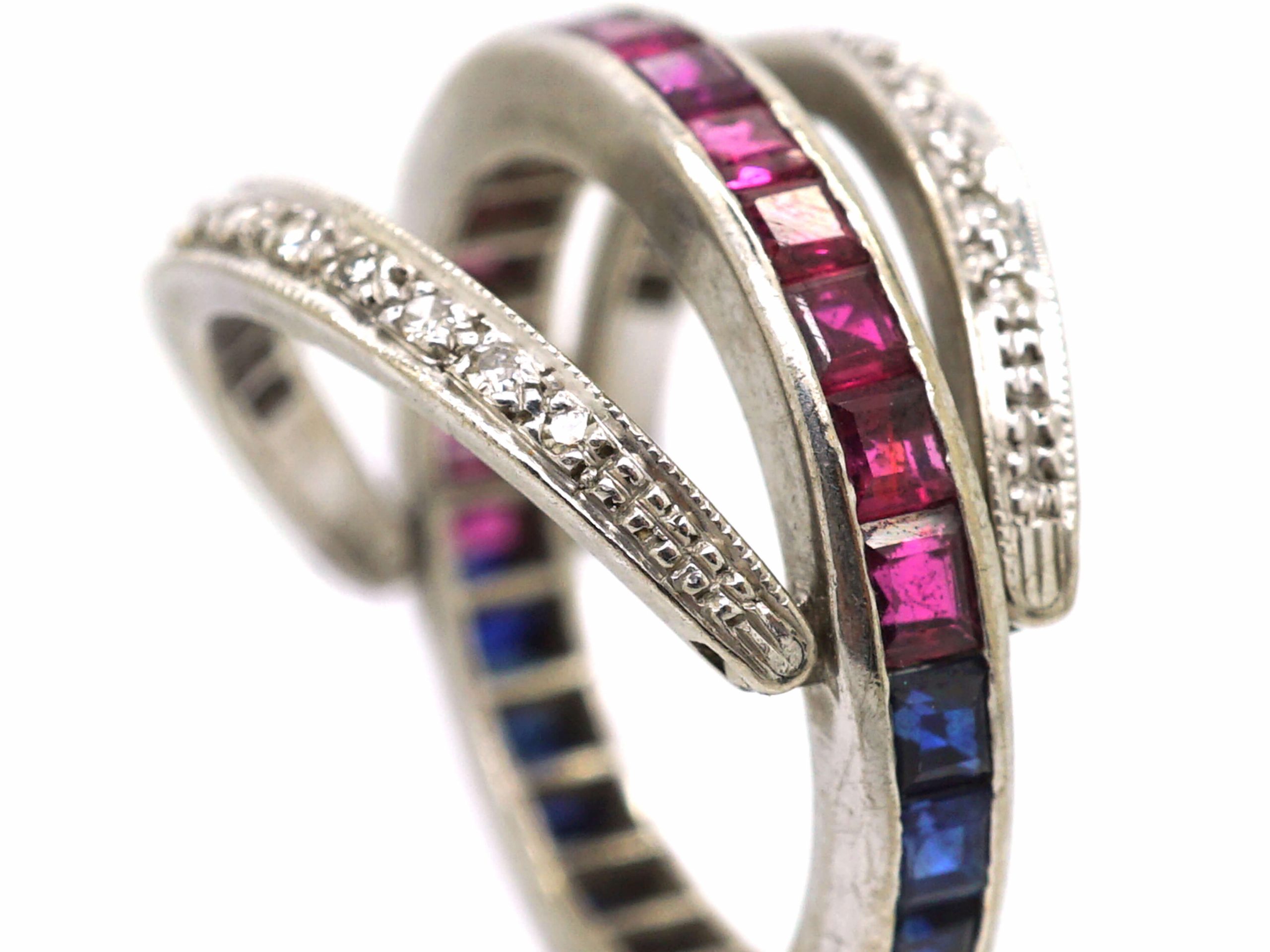 Art Deco 18ct White Gold, Sapphire, Diamond & Ruby Flip Over Ring (656U ...