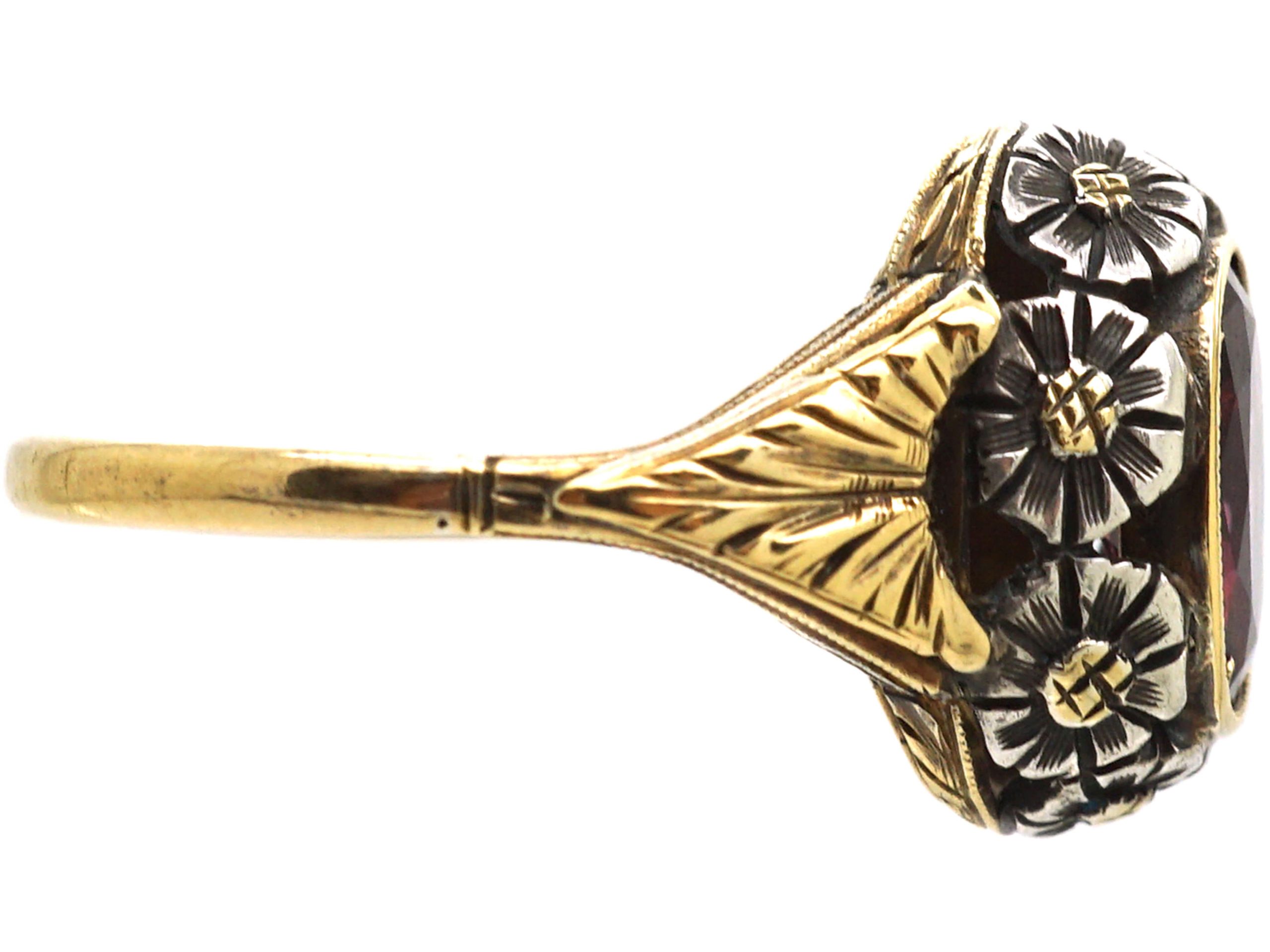 Art Nouveau 18ct Gold & Silver Flower Motif Ring set with a Garnet (21W ...