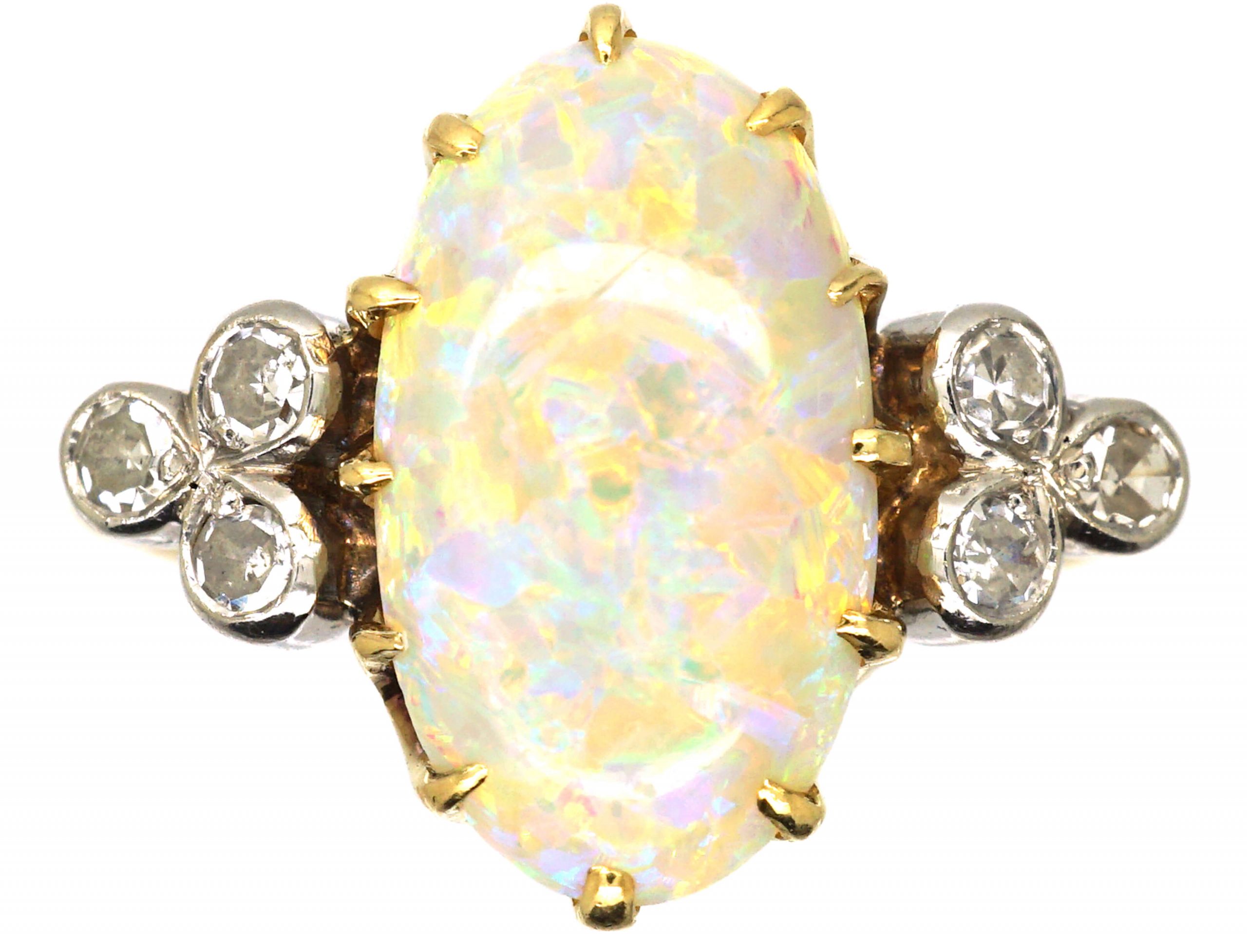 Edwardian 18ct Gold Ring set with a Large Opal with Diamond Shoulders ...