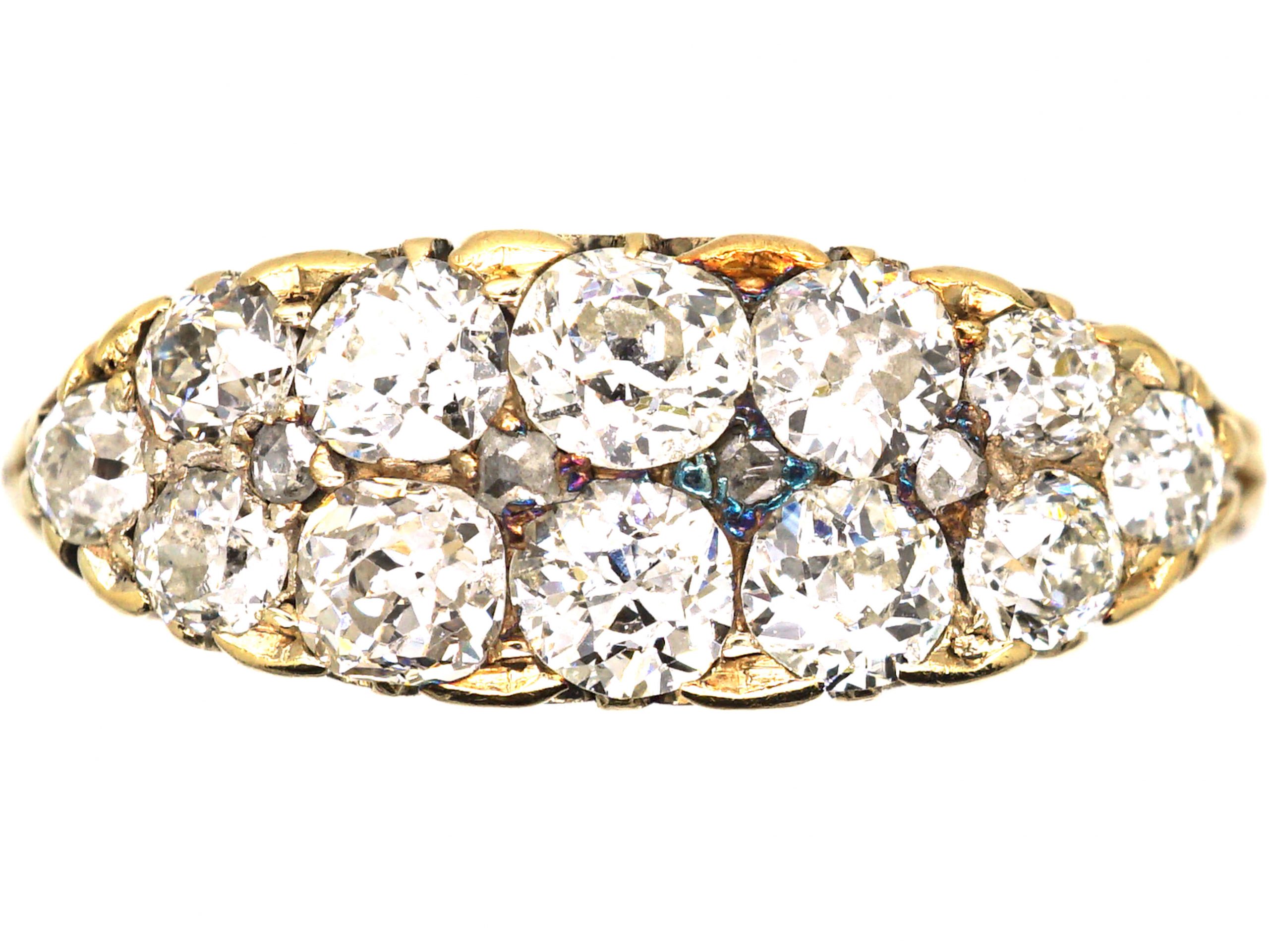 Victorian 18ct Gold Boat Shaped Carved Half Hoop Ring set with Two Rows ...