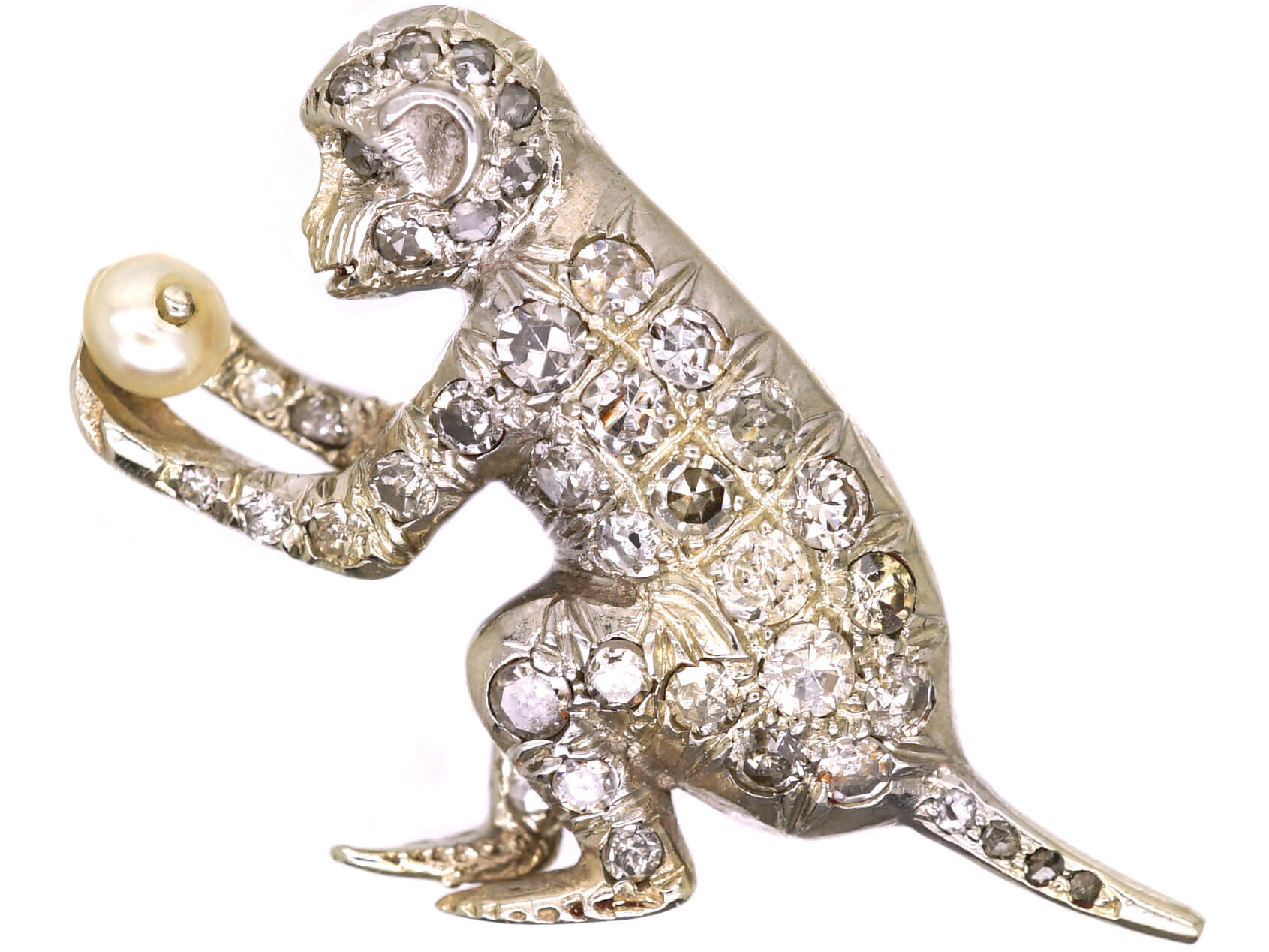 Edwardian 18ct White Gold Brooch of a Monkey set with Diamonds Holding ...