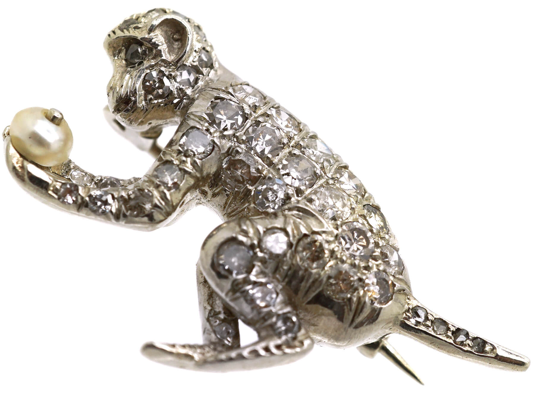 Edwardian 18ct White Gold Brooch of a Monkey set with Diamonds Holding ...