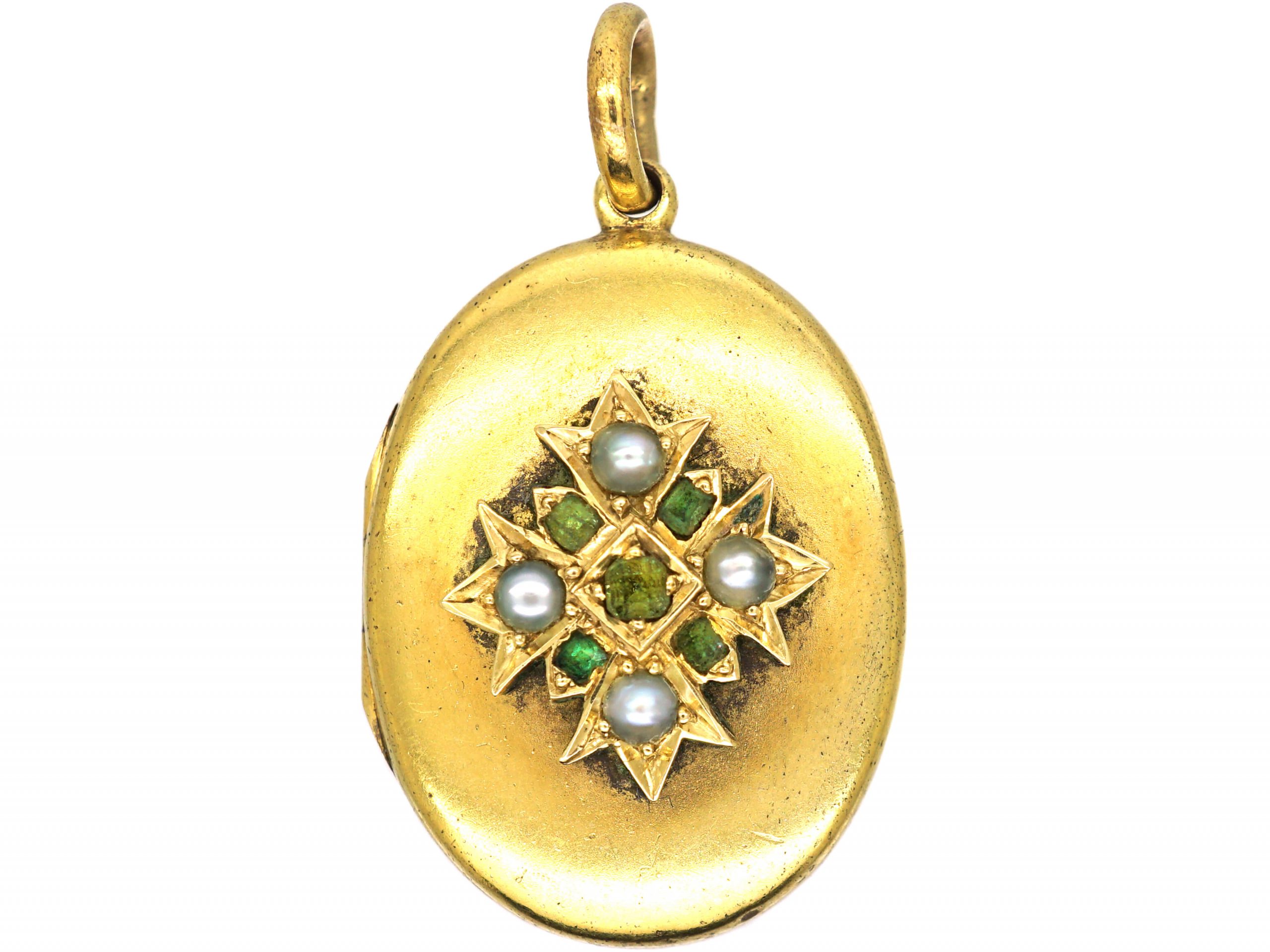 Victorian 15ct Gold Oval Locket set with Emeralds & Natural Split ...