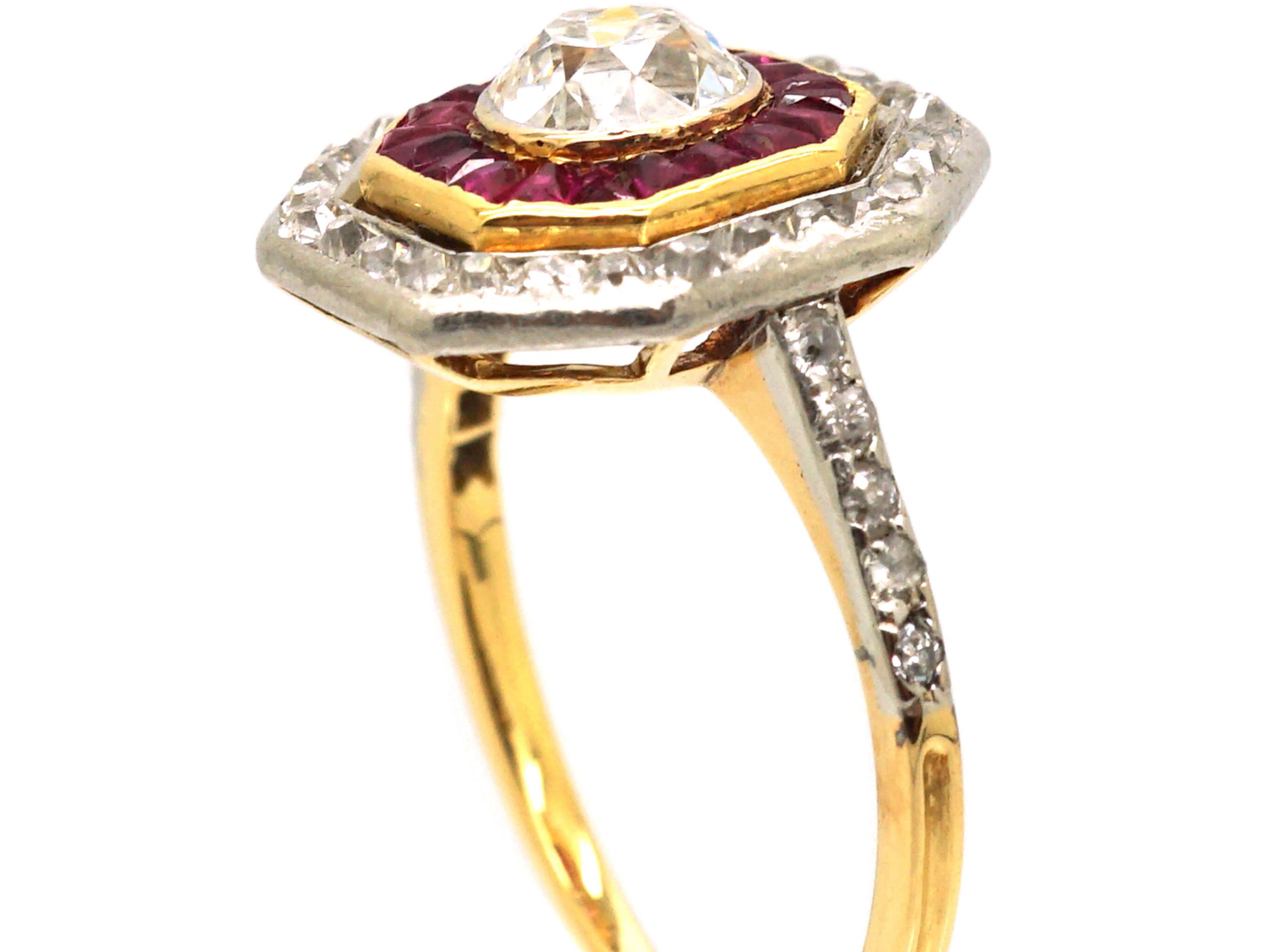 Art Deco French Import 18ct Gold & Platinum Octagonal Ring set with Rubies & Diamonds (483W ...