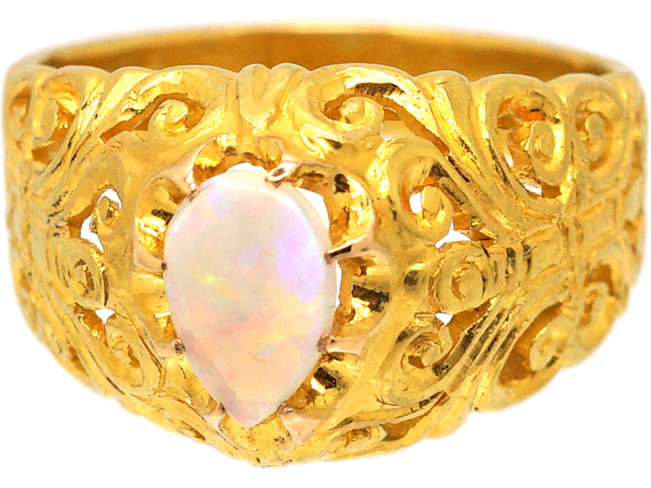 Art Nouveau 18ct Gold, Ornate Pierced Ring set with an Opal (431W) | The Antique Jewellery Company