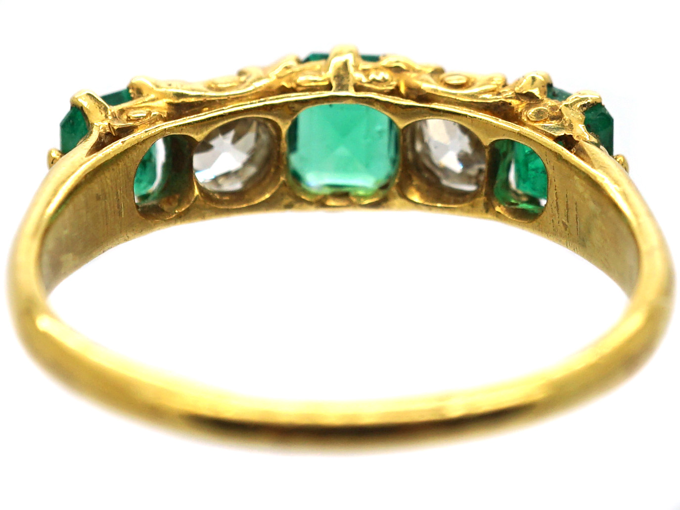 Victorian 18ct Gold, Five Stone Emerald & Diamond Carved Half Hoop Ring ...