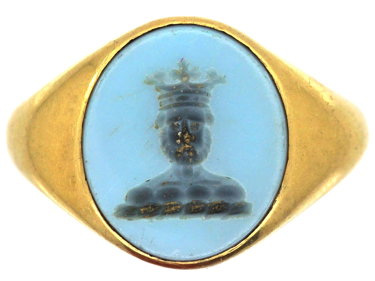 Edwardian 18ct Gold Signet Ring set with Banded Onyx with Intaglio of a ...
