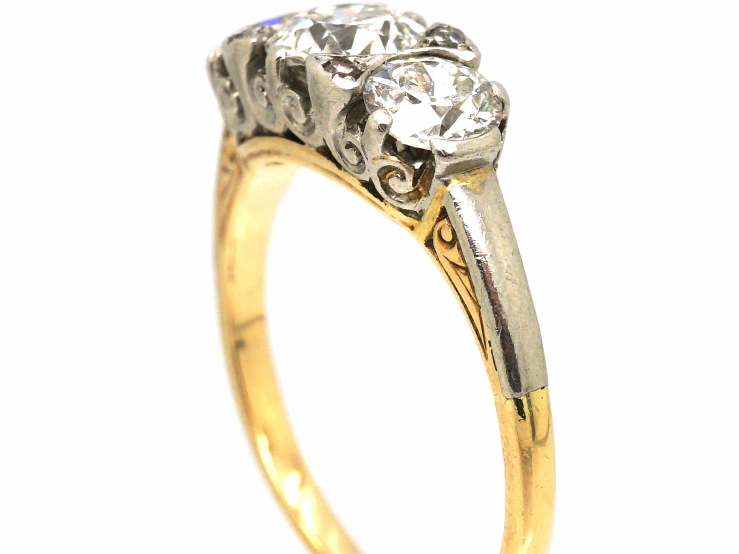 Early 20th Century 14ct Gold & Platinum, Three Stone Diamond Carved ...