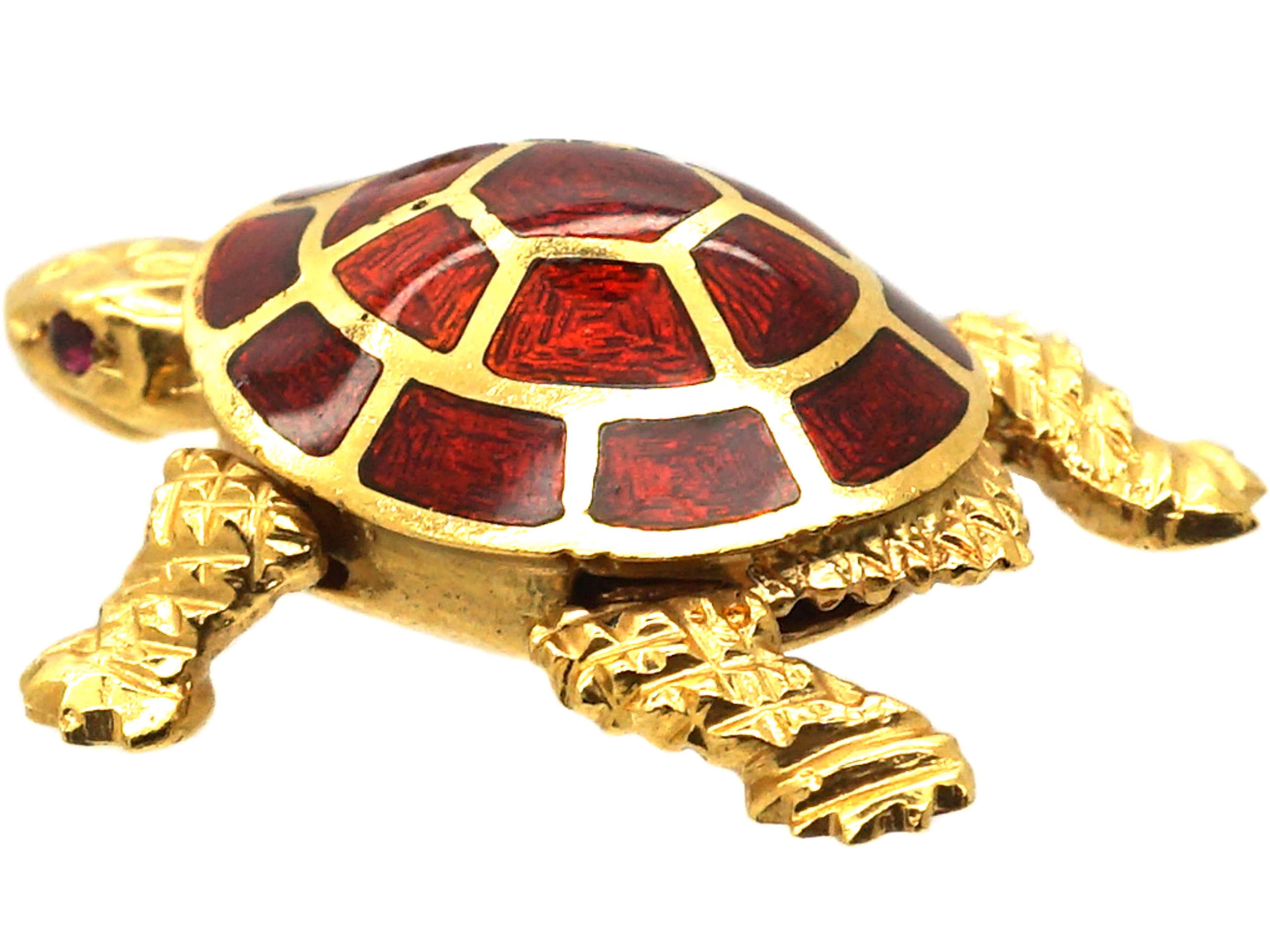 French 18ct Gold & Red Enamel Turtle Pendant with Ruby Eyes (559W ...