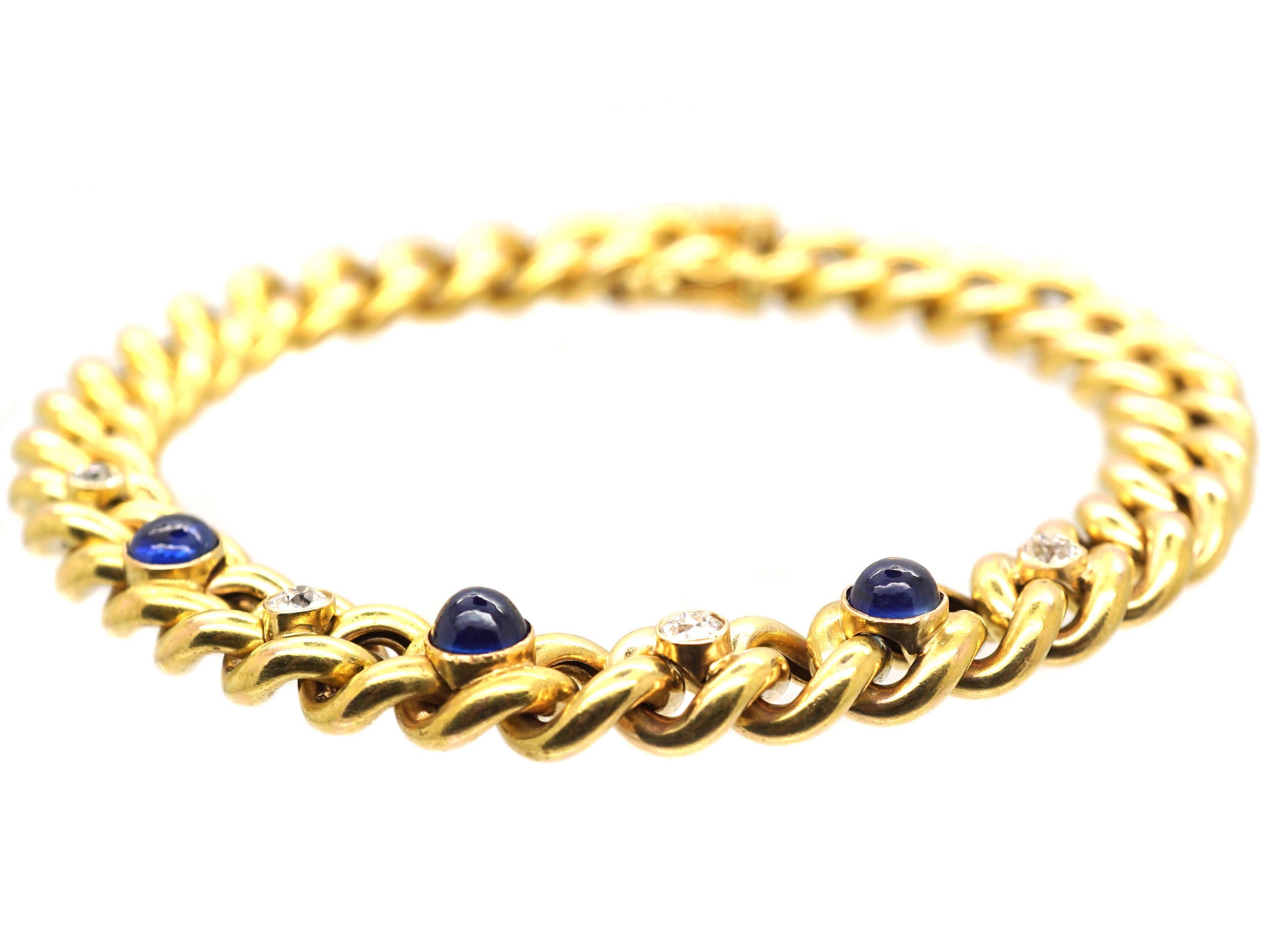 Early 20th Century Cabochon Sapphire & Diamond 14ct Gold Curb Bracelet ...