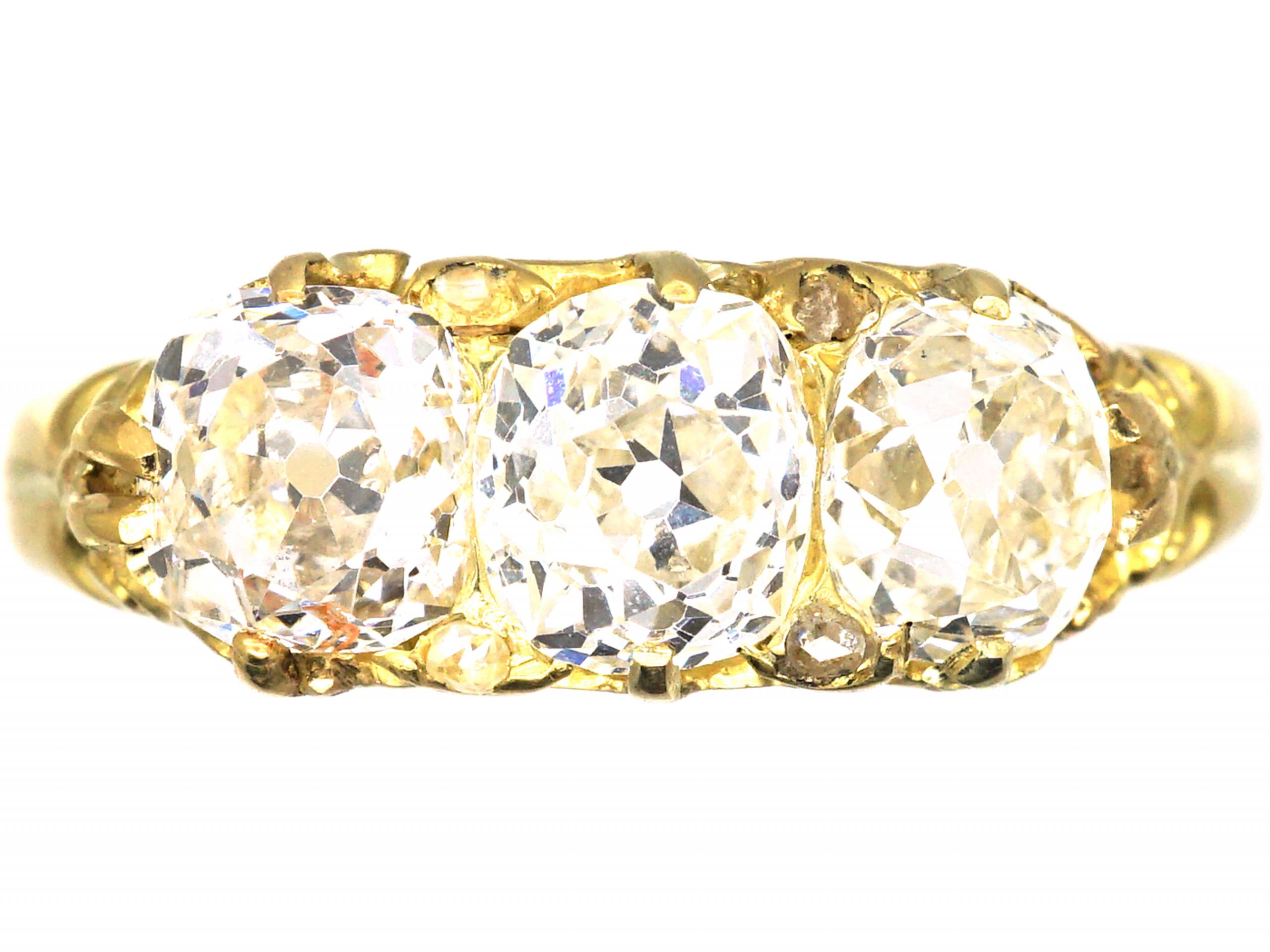 Victorian 18ct Gold Three Stone Old Mine Cut Diamond Carved Half Hoop ...