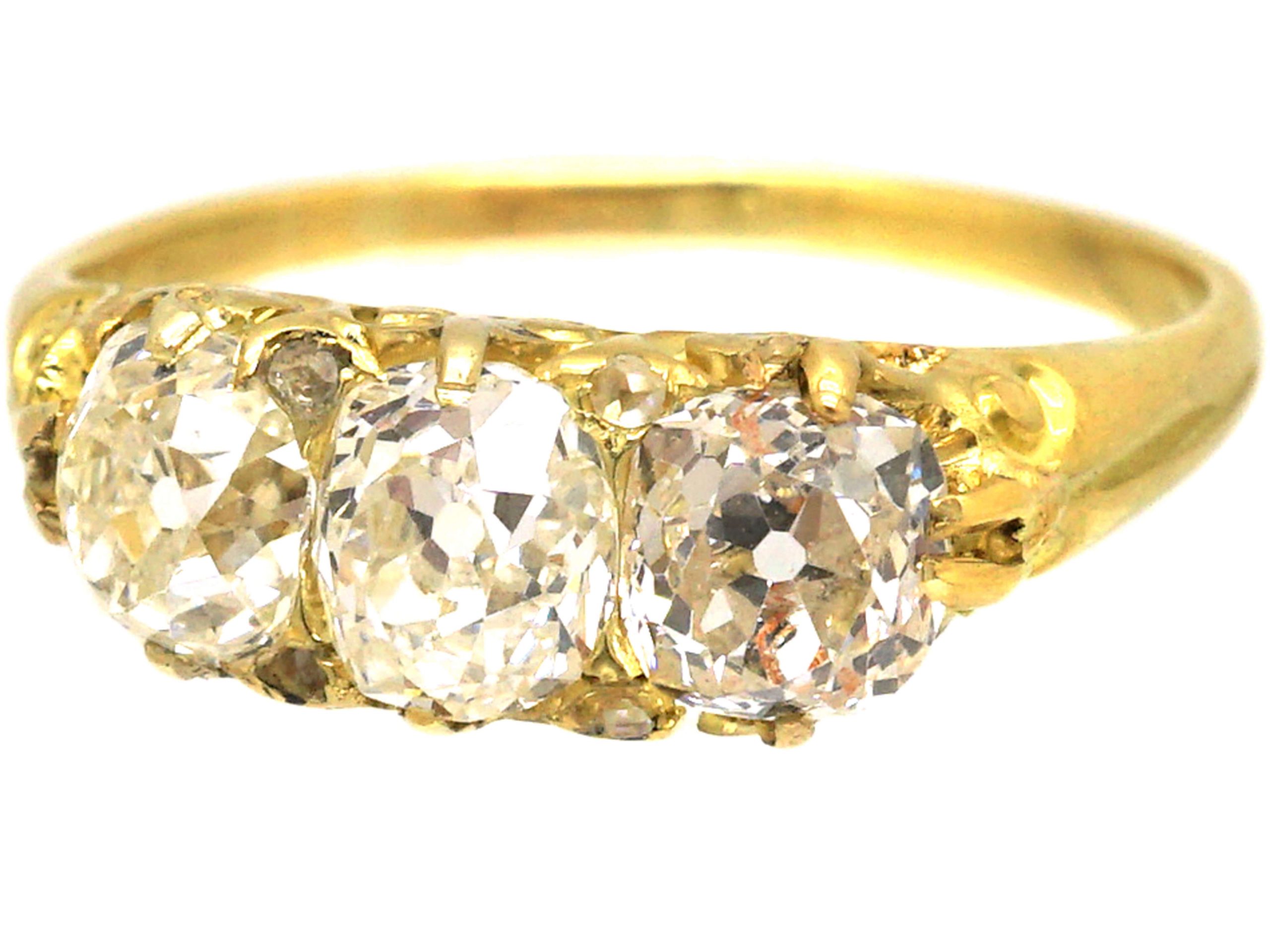 Victorian 18ct Gold Three Stone Old Mine Cut Diamond Carved Half Hoop ...