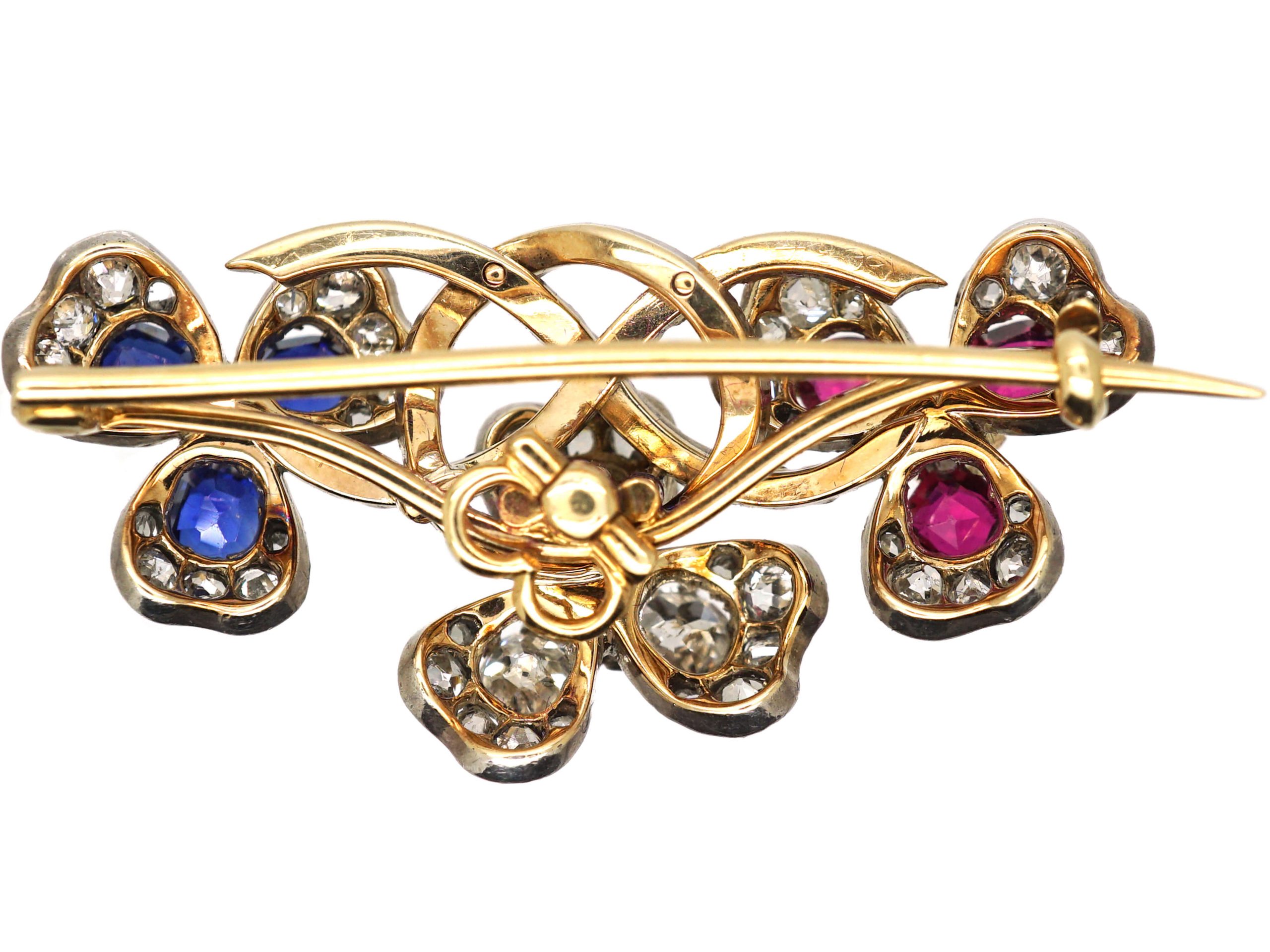 Edwardian Triple Three Leaf Clover Brooch set with Diamonds, Sapphires ...