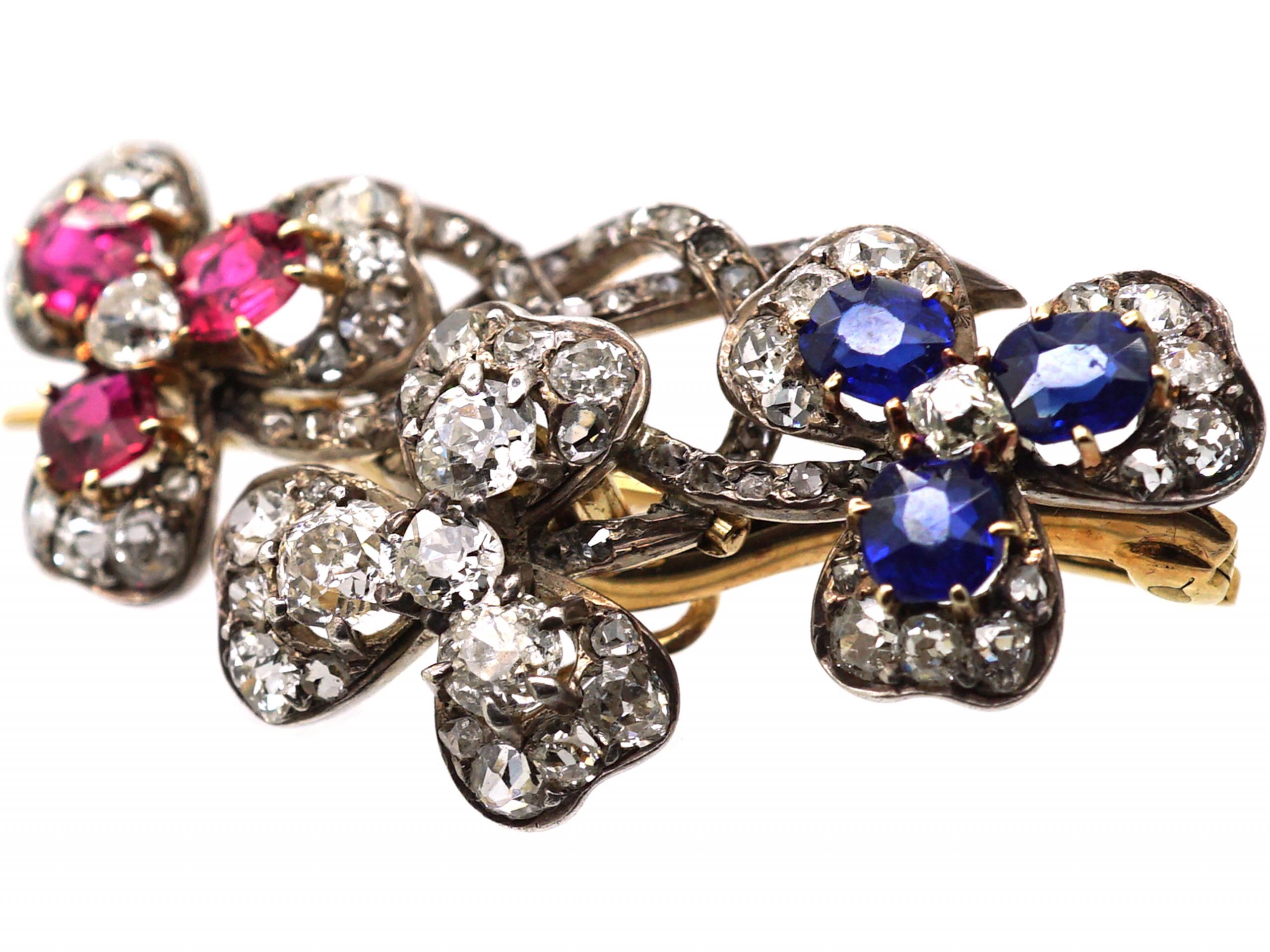 Edwardian Triple Three Leaf Clover Brooch set with Diamonds, Sapphires ...