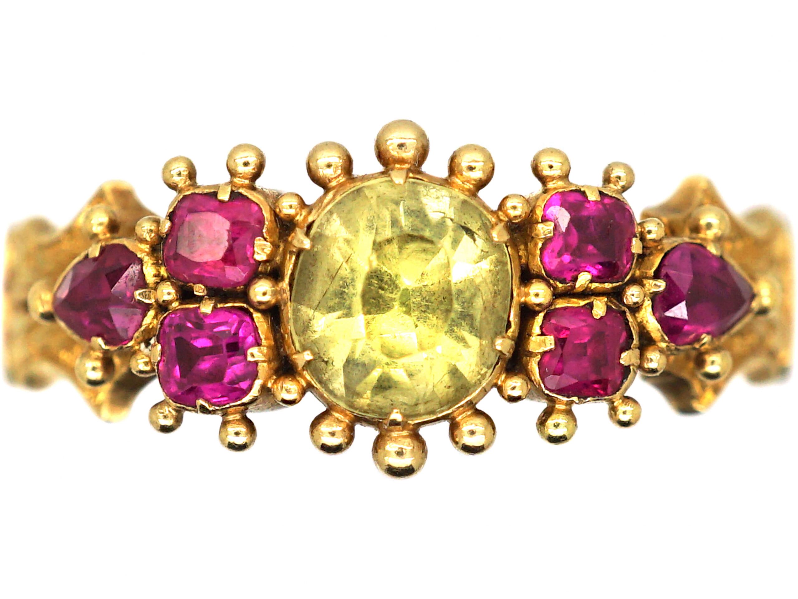 Regency 15ct Gold, Chrysolite & Ruby Ring (655W) | The Antique Jewellery Company