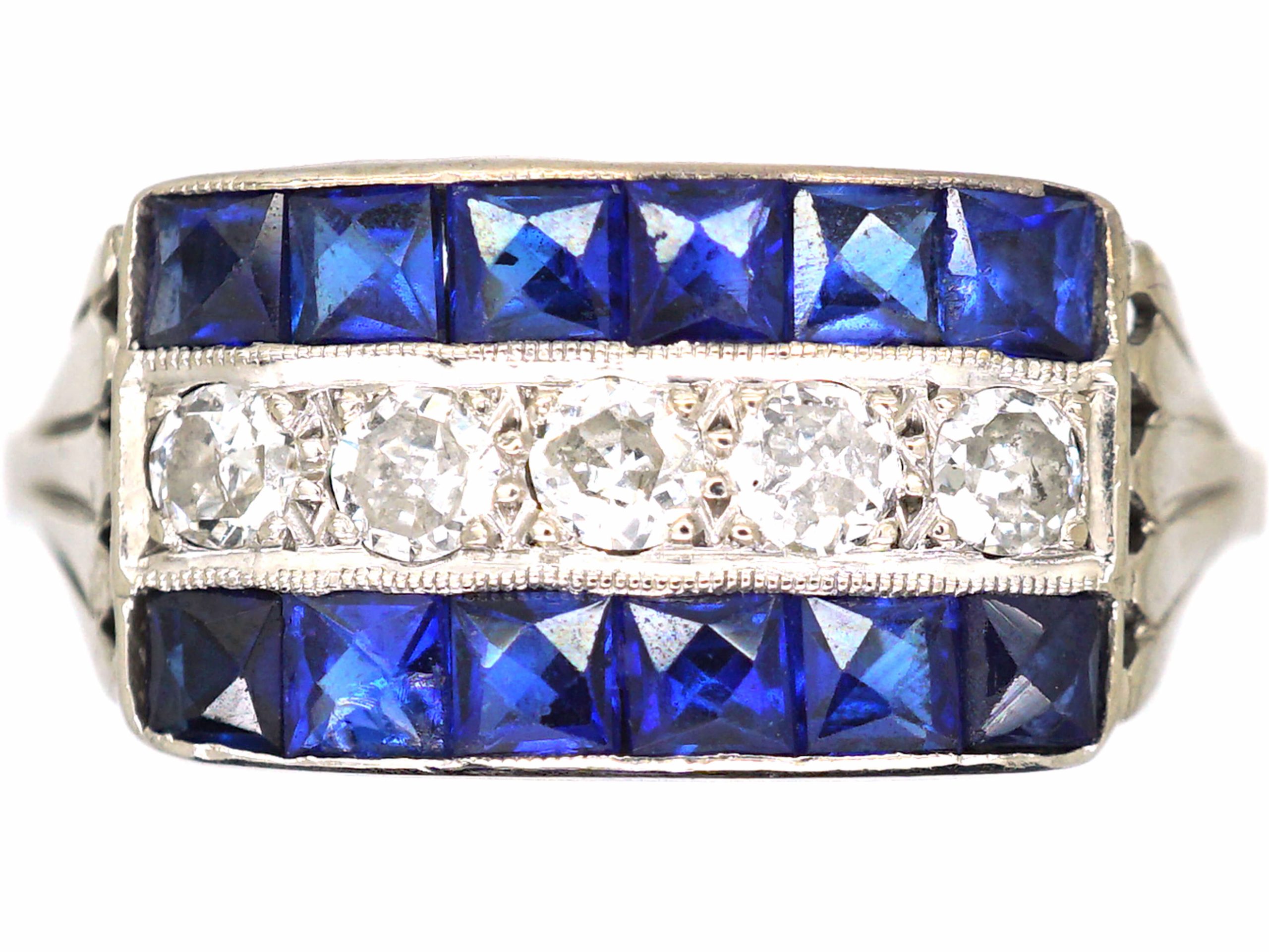 Art Deco 14ct White Gold, French Cut Sapphire & Diamond Three Row Ring (659W) | The Antique ...