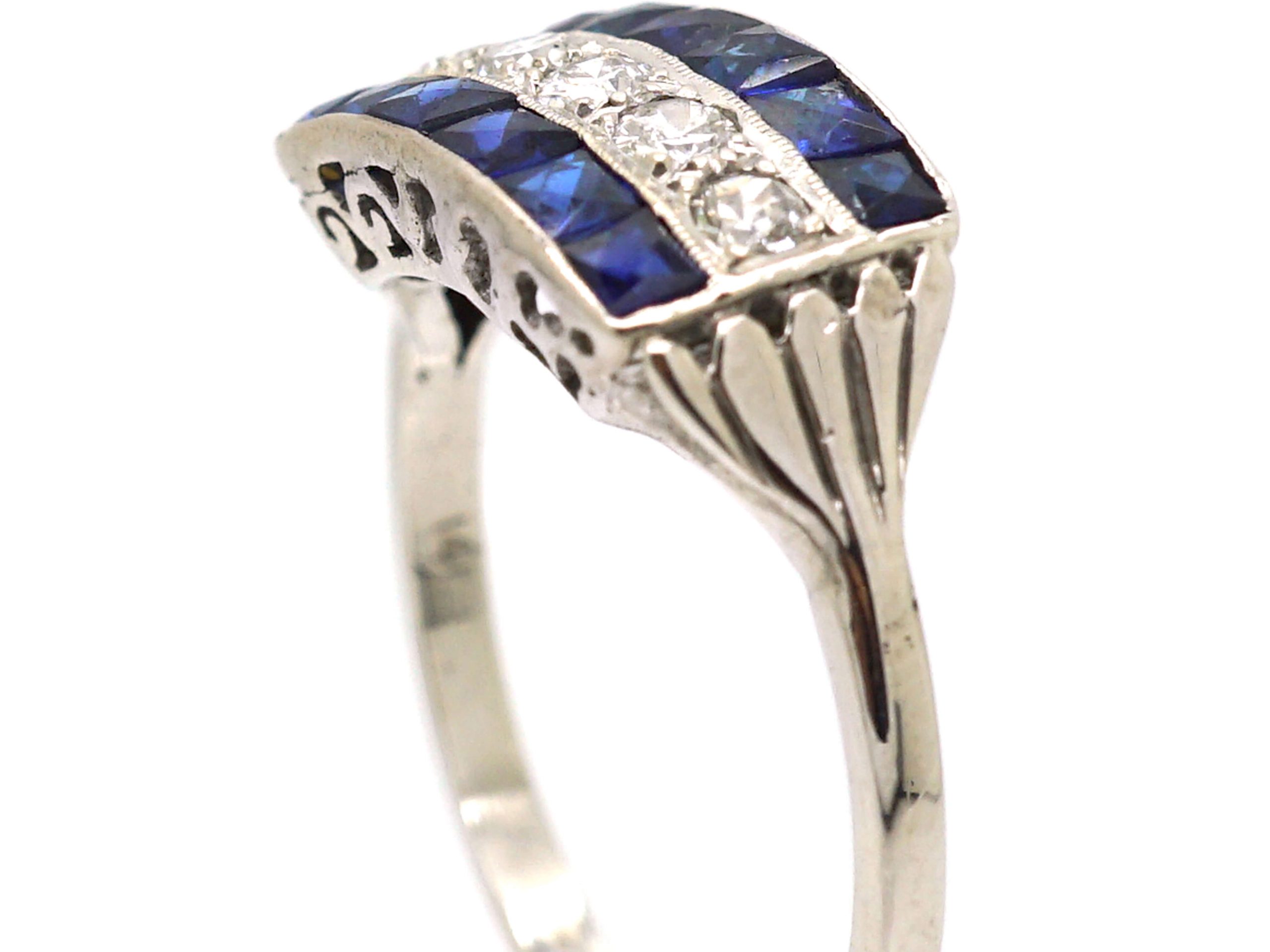 Art Deco 14ct White Gold, French Cut Sapphire & Diamond Three Row Ring (659W) | The Antique ...