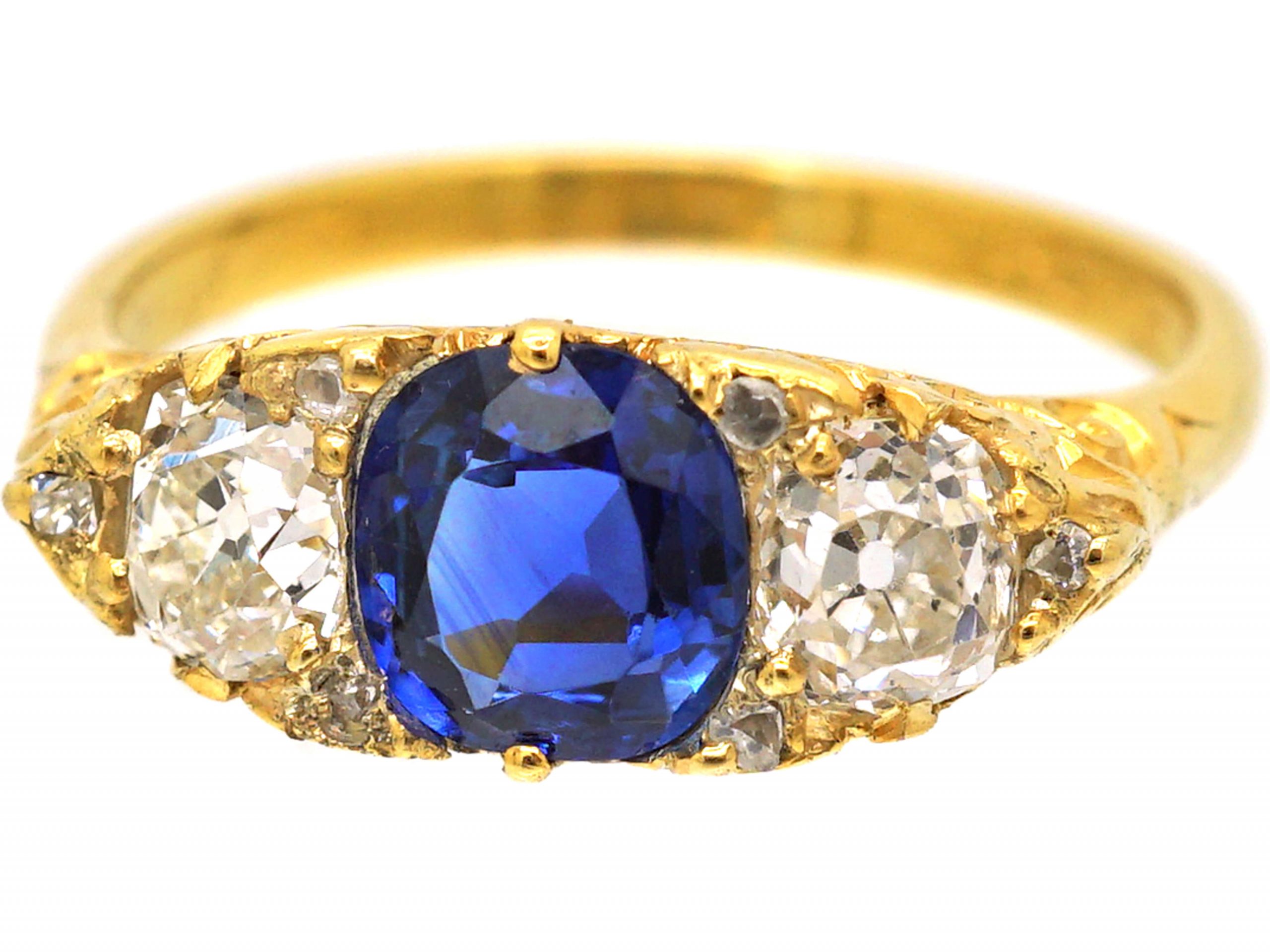 Victorian 18ct Gold Sapphire & Diamond Three Stone Carved Half Hoop ...
