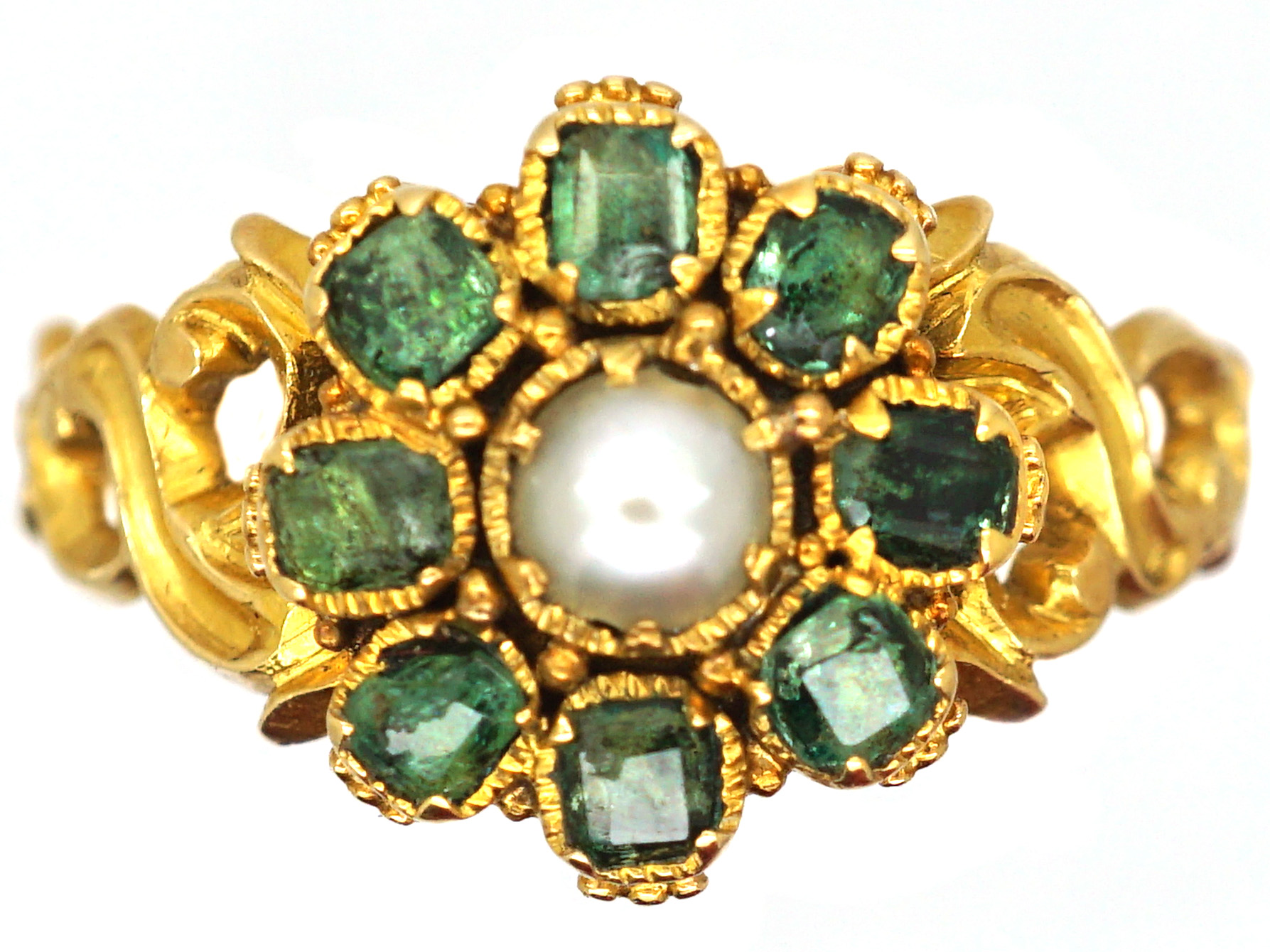 Regency 15ct Gold, Emerald & Natural Split Pearl Flower Cluster Ring with Ornate Shoulders (697W ...