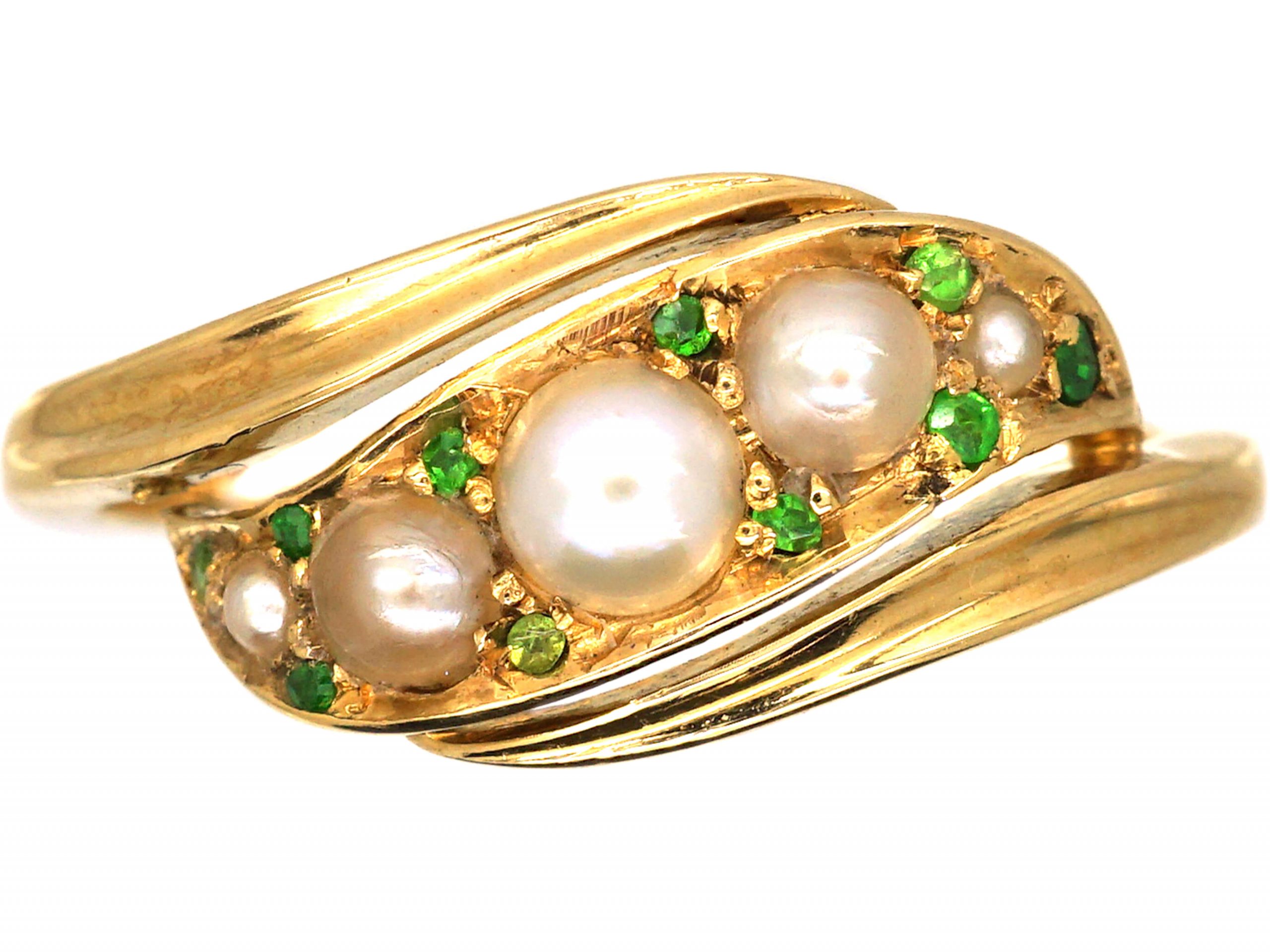 Edwardian 18ct Gold Crossover Ring set with Natural Pearls & Green ...