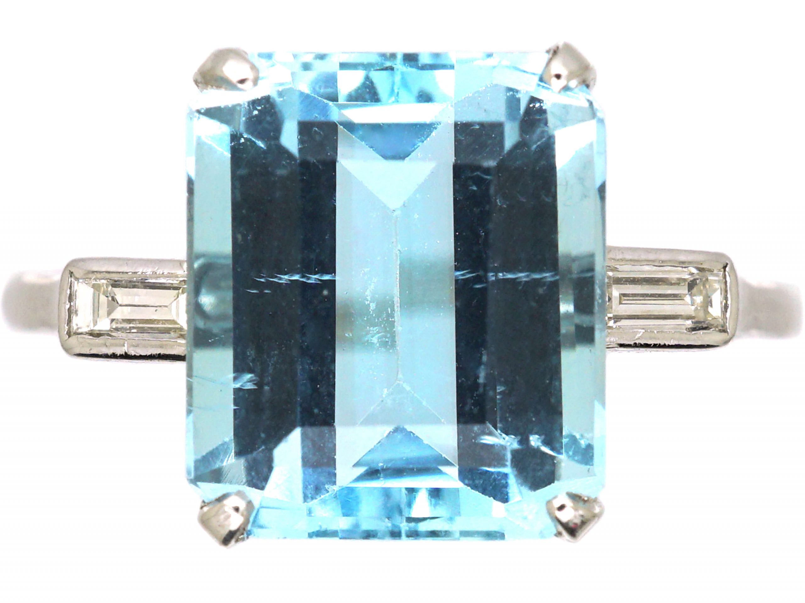 Retro Platinum Ring set with a Rectangular Cut Aquamarine with Baguette ...