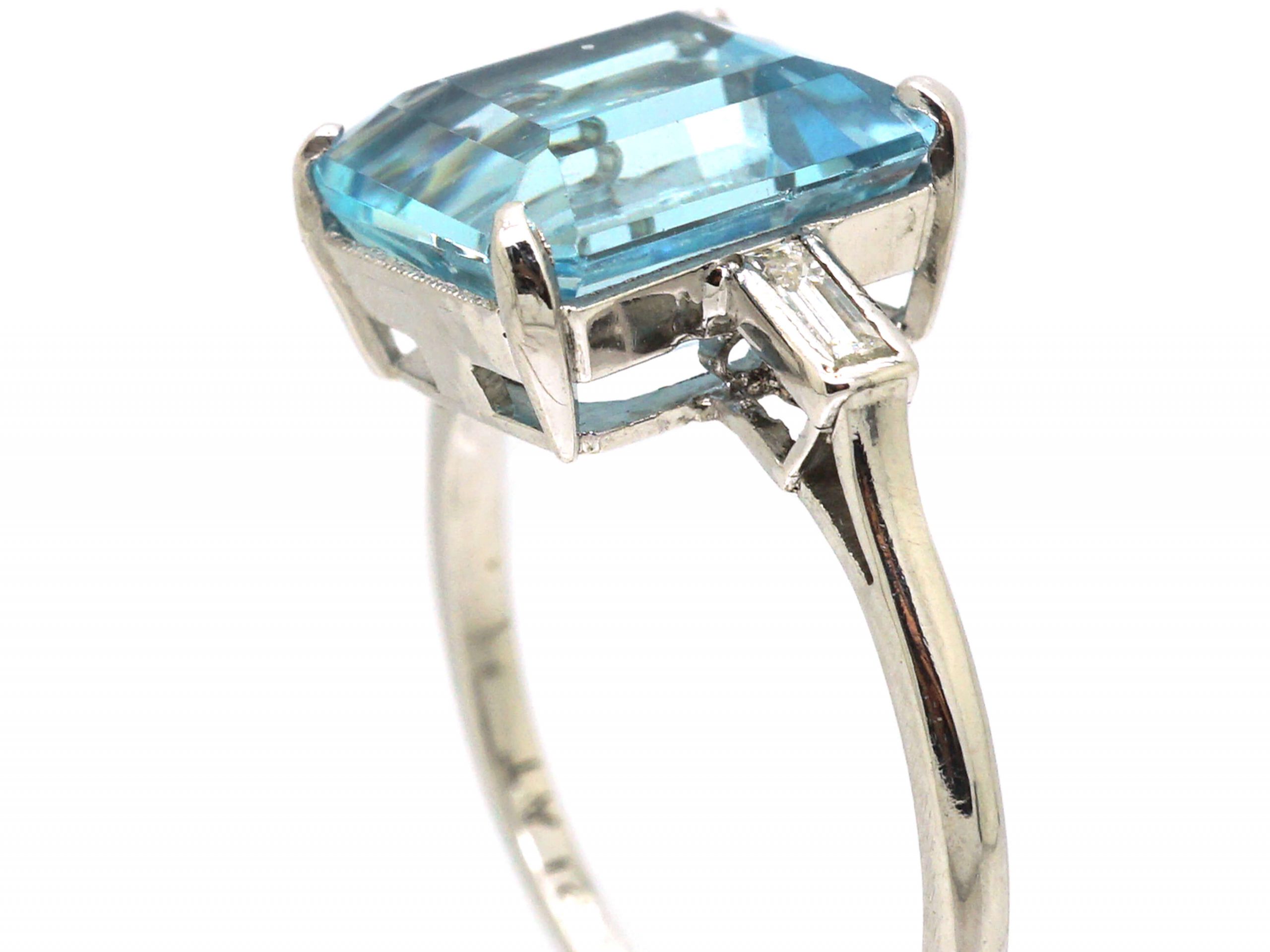 Retro Platinum Ring set with a Rectangular Cut Aquamarine with Baguette ...