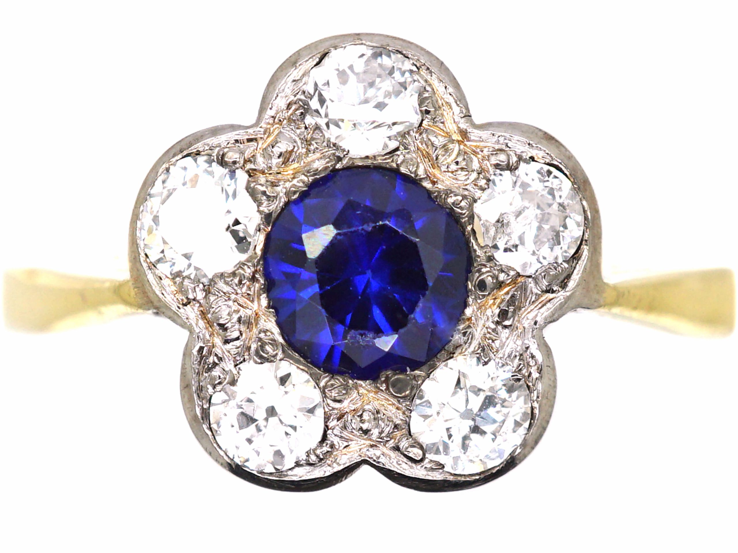 Edwardian 18ct Gold & Platinum, Sapphire & Diamond Flower Cluster Ring ...