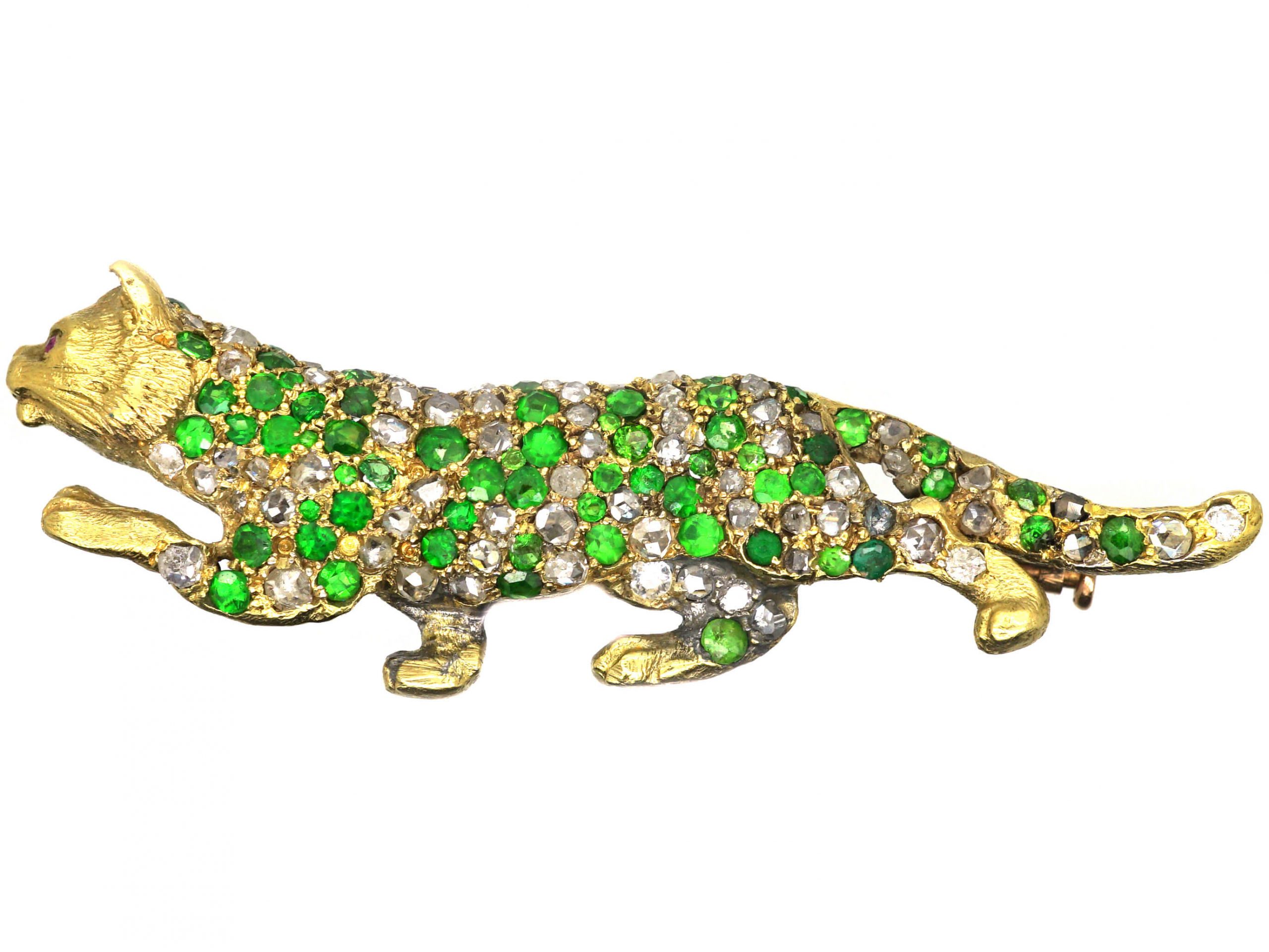 Edwardian 18ct Gold Leopard Brooch set with Rose Diamonds & Green ...