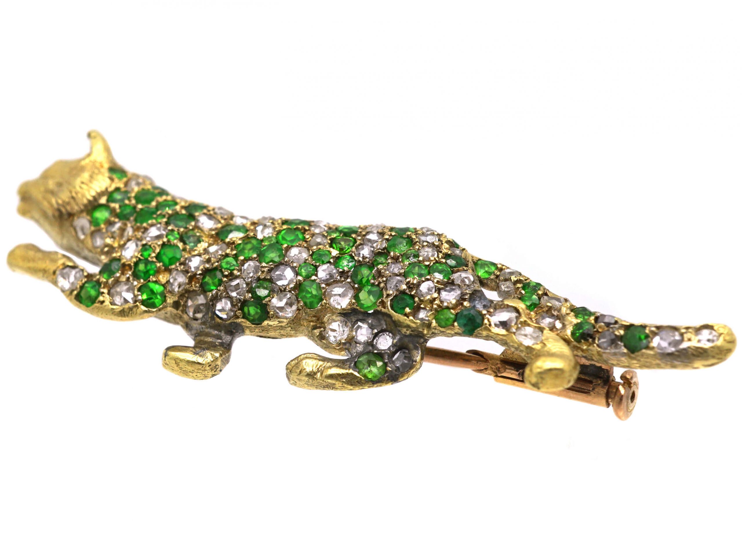 Edwardian 18ct Gold Leopard Brooch set with Rose Diamonds & Green ...
