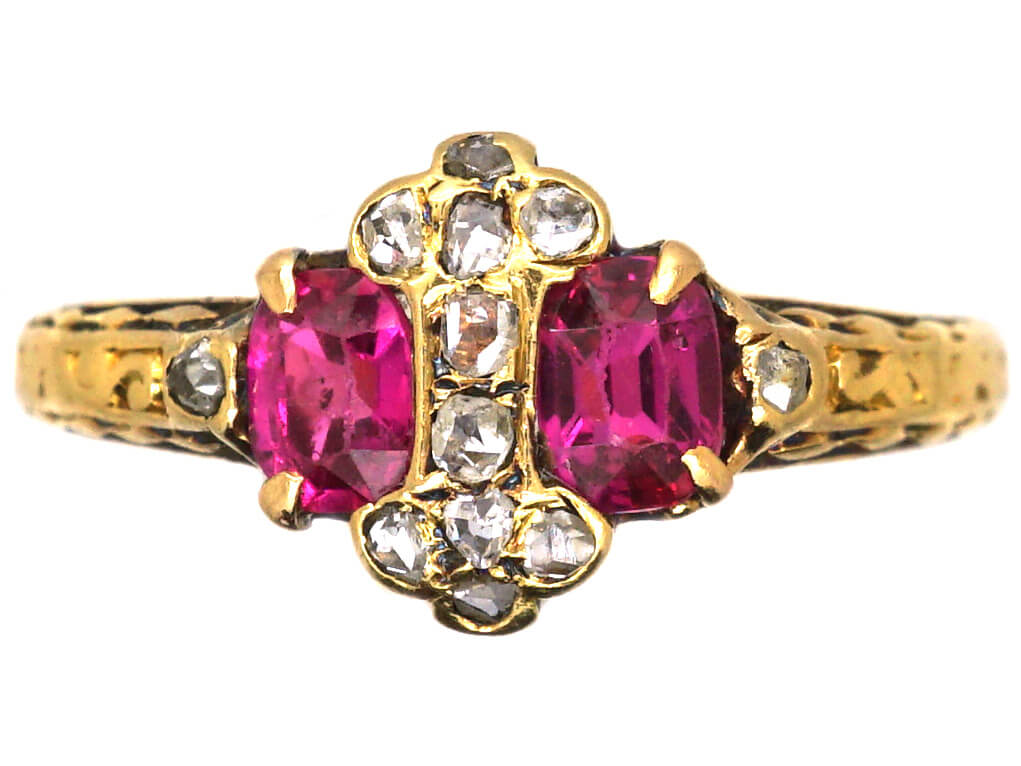 Georgian 18ct Gold Ring set with Two Rubies & Rose Diamonds (694W ...